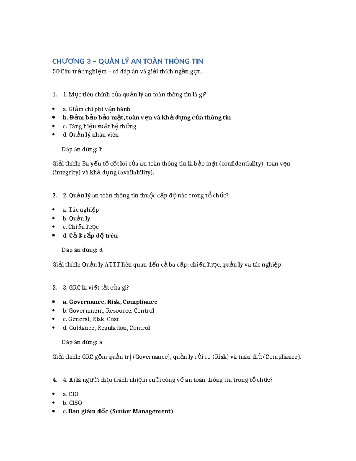 CHƯƠNG 3 ATTT: 50 Câu Trắc Nghiệm và Giải Thích Ngắn Gọn - Studocu