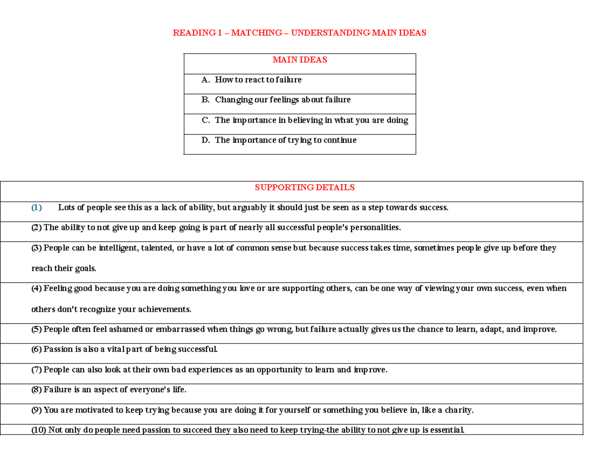UNIT 5 - Reading 1: Matching Main Ideas & Supporting Details - Studocu