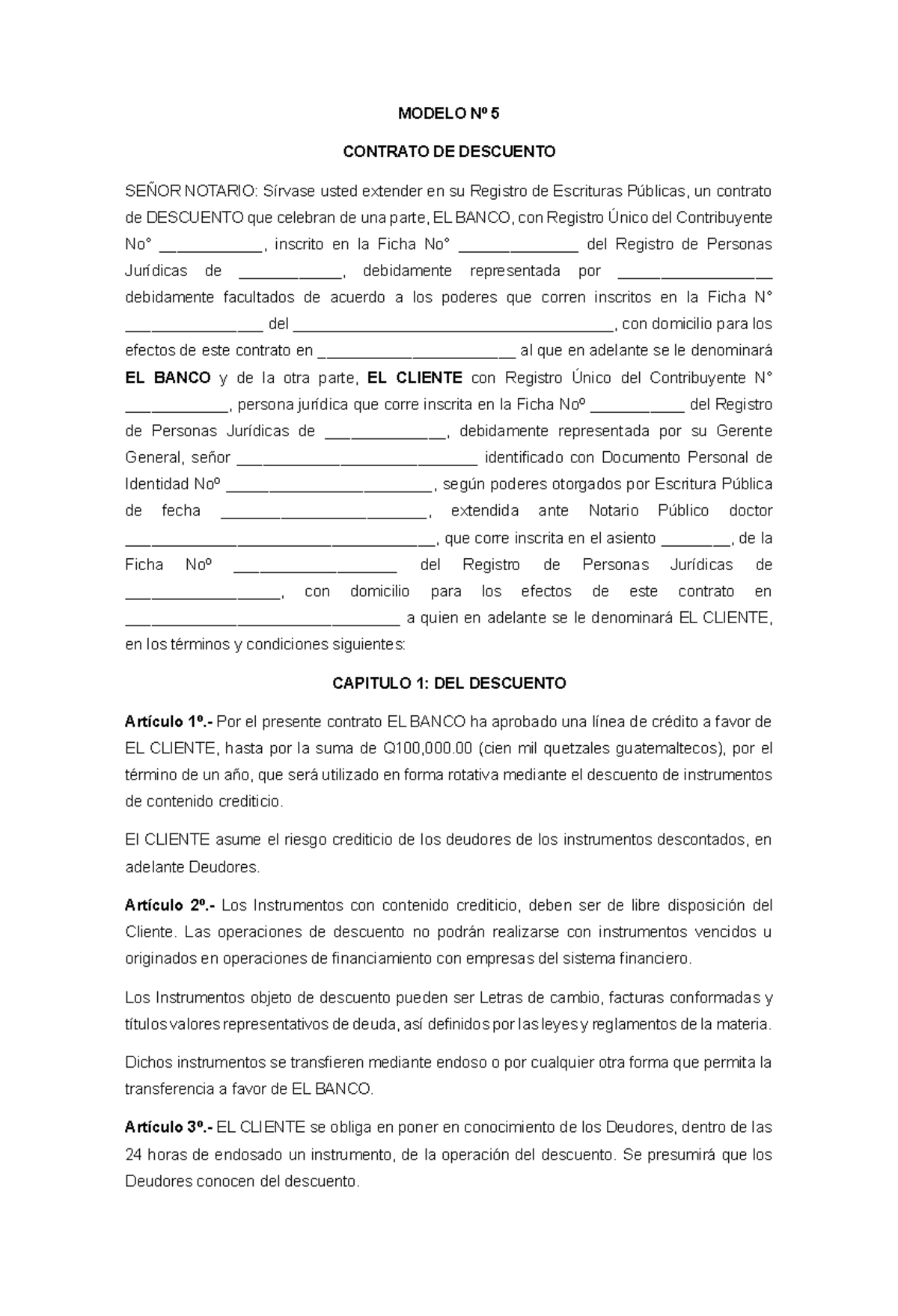 Contrato de Descuento - Modelo Nº 5 para Notario Público - Studocu
