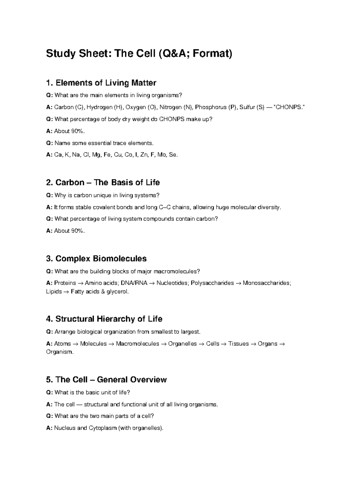 The Cell QA Study Sheet: Key Concepts and Elements - Studocu