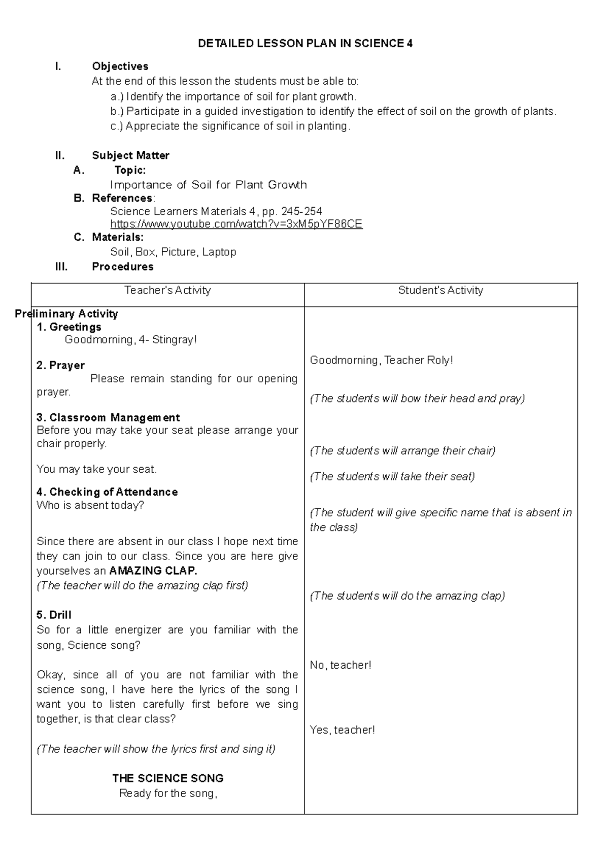 Lesson Plan: Importance of Soil for Plant Growth (Science 4) - Studocu