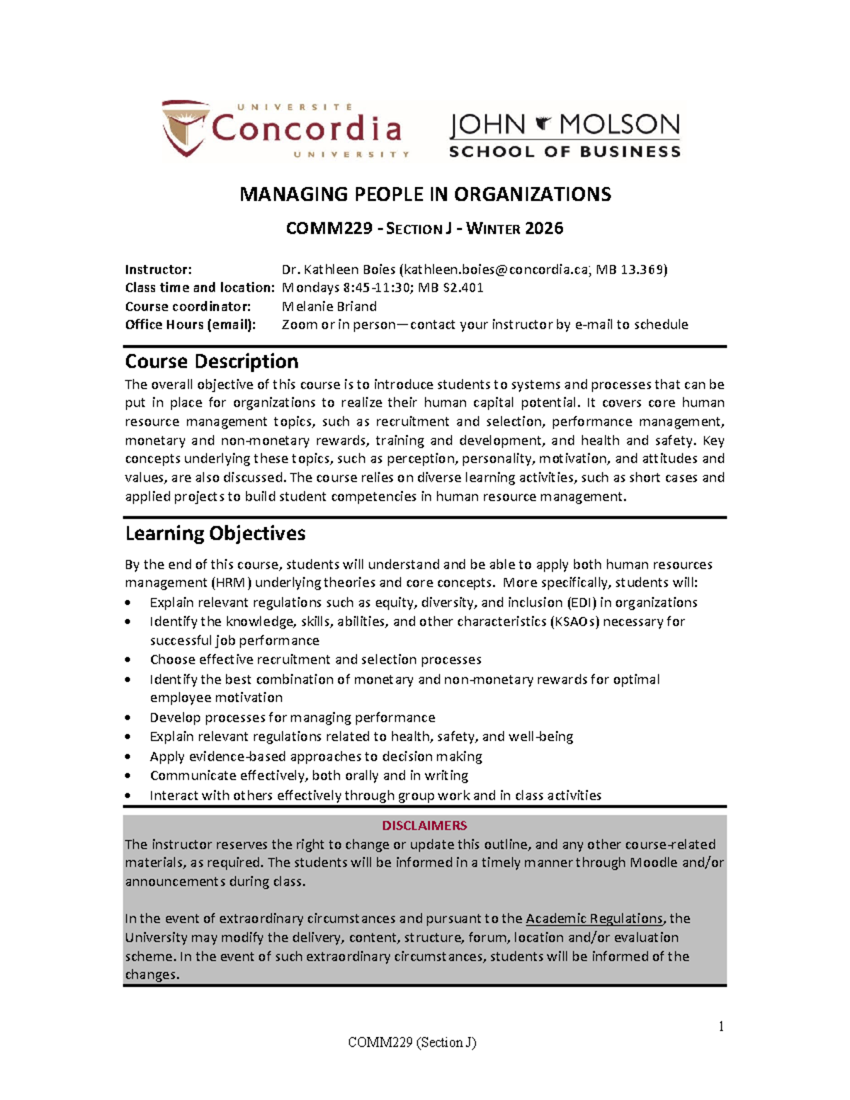 COMM229-J Course Outline: Managing People in Organizations W2026 - Studocu