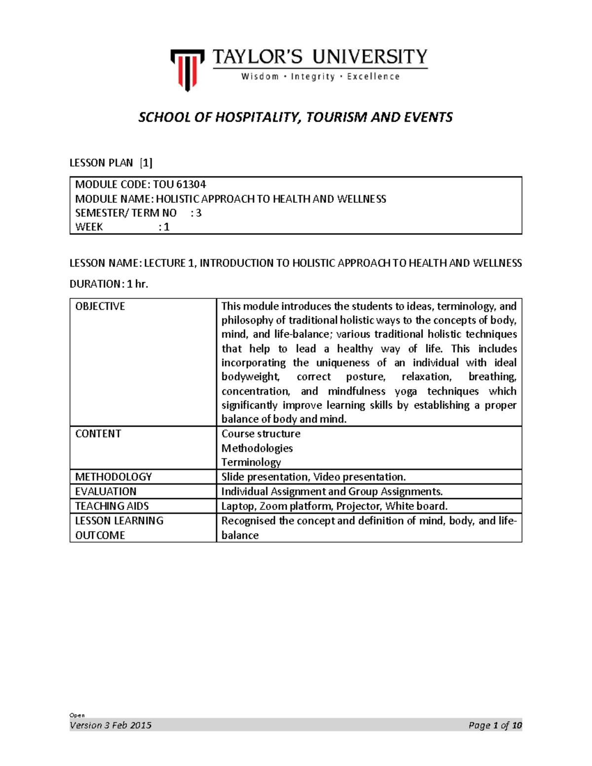 Lesson Plans for TOU 61304: Holistic Approach to Health & Wellness ...