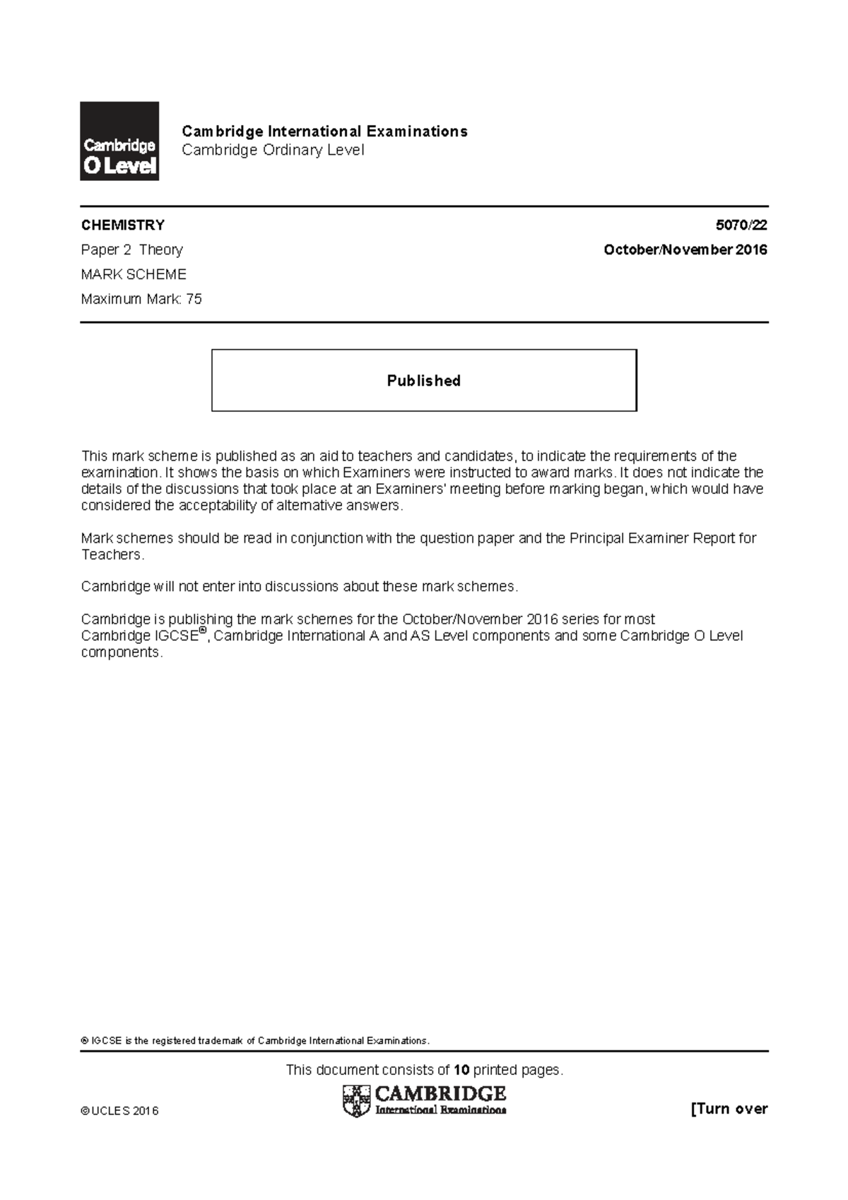 Cambridge O Level CHEMISTRY 5070/22 Mark Scheme 2016 - Studocu