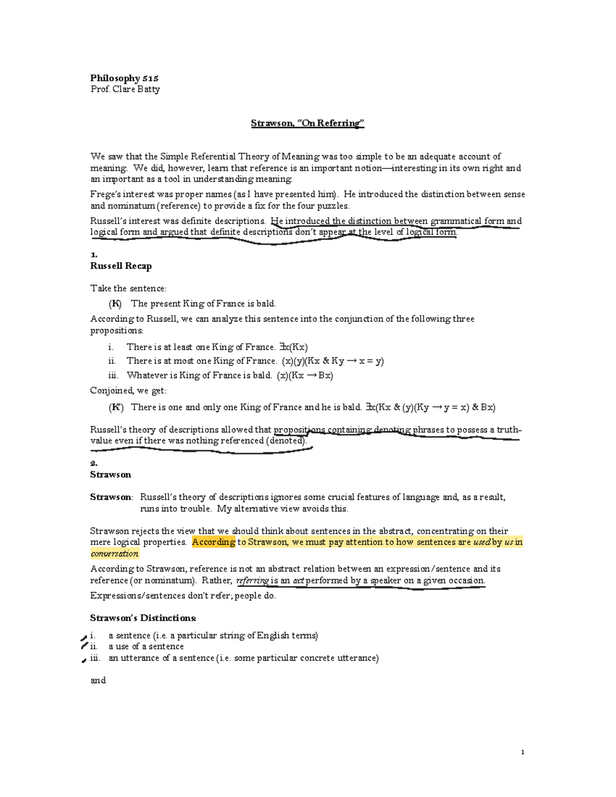 PHI 515-Strawson - 1 Philosophy 515 Prof. Clare Batty Strawson, “On ...