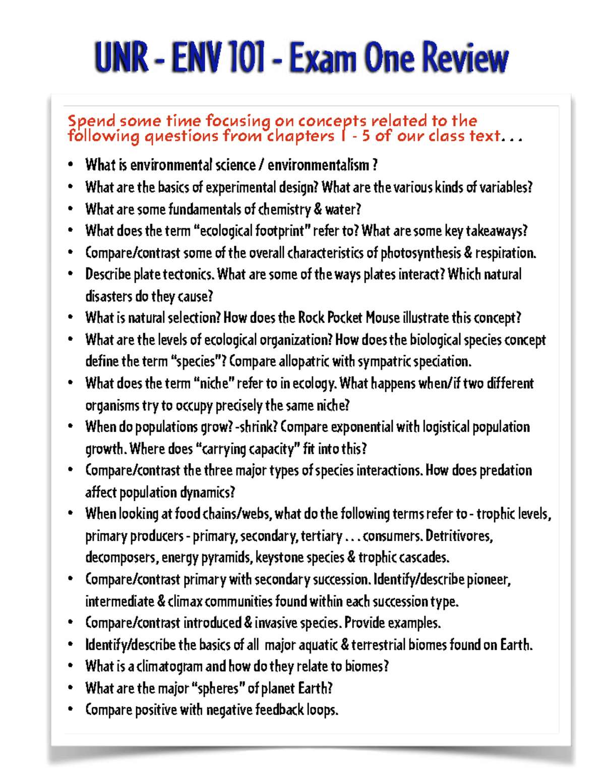 ENV 101 - Exam One Review: Key Concepts from Chapters 1-5 - Studocu