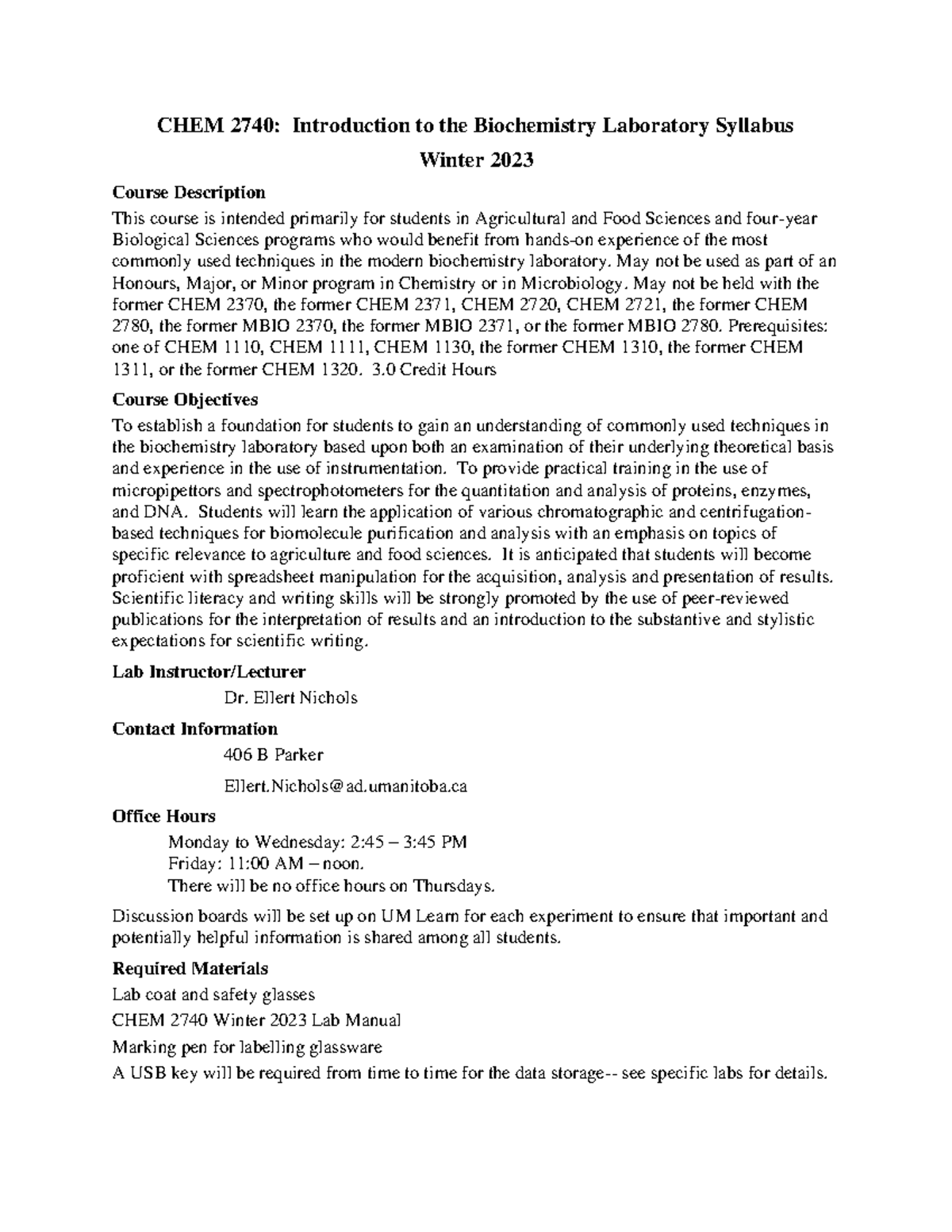 CHEM 2740 Winter 2023 Syllabus - Intro to Biochemistry Lab - Studocu