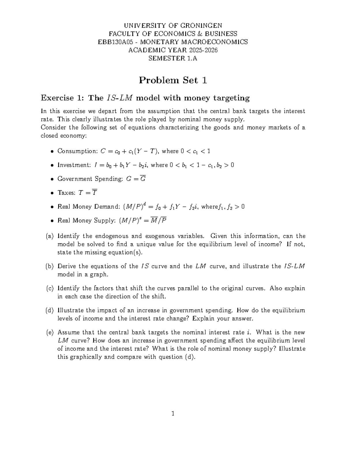 Monetary Macroeconomics EBB130A05 Problem Set 1 Exercises - Studeersnel