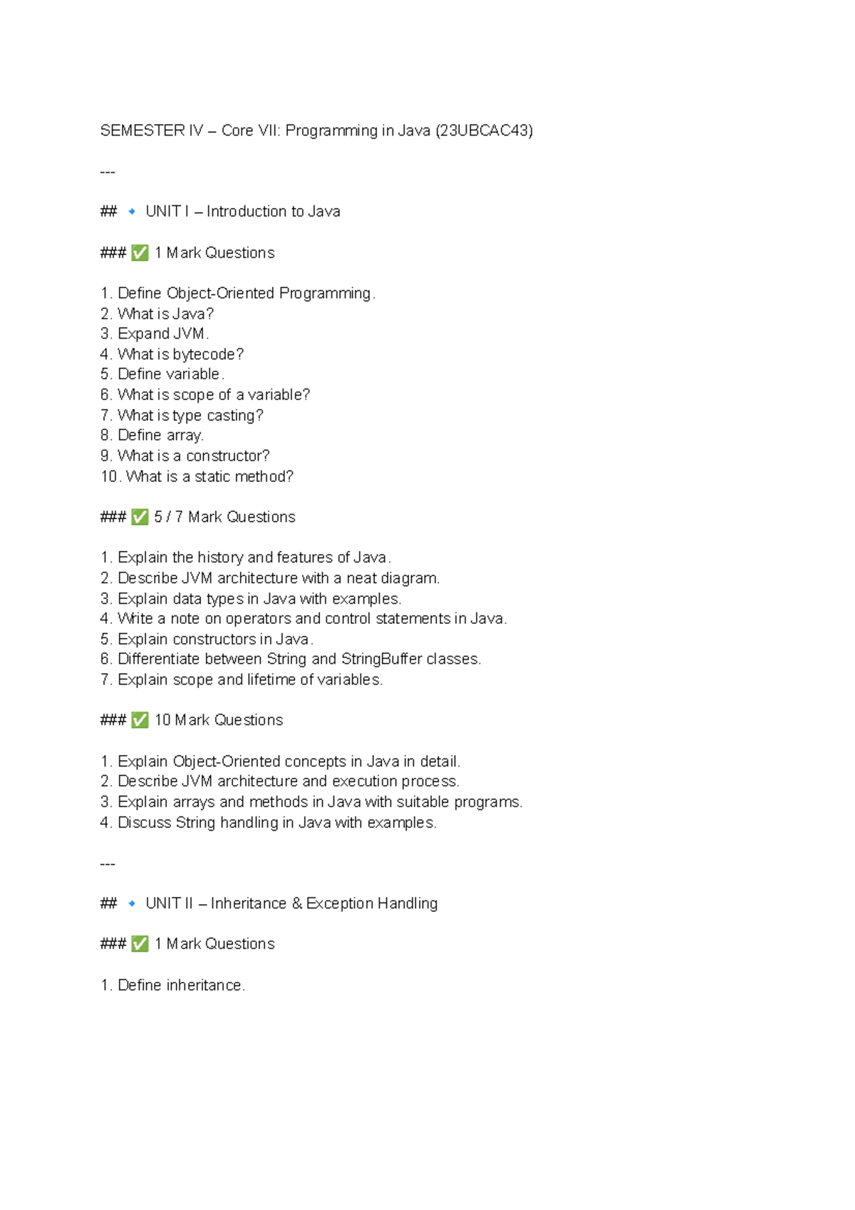 Semester IV - Core VII: Java Programming Study Guide (23UBCAC43) - Studocu