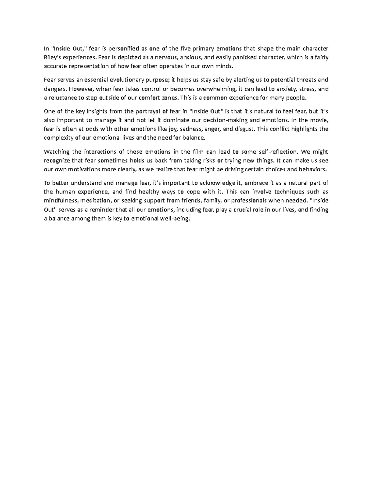 UTS Discussion - Analyzing the Role of Fear in "Inside Out" - Studocu