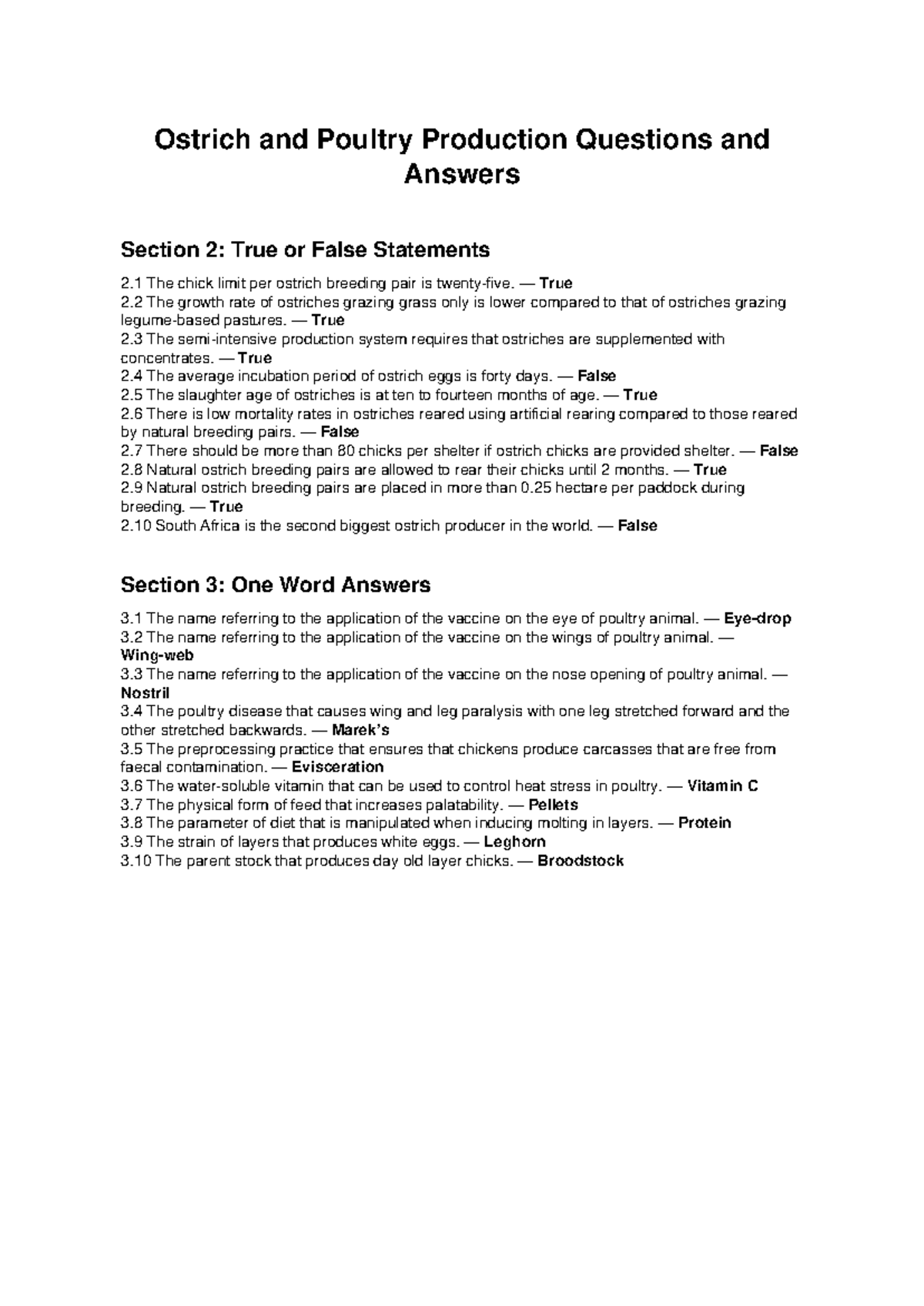 Ostrich and Poultry Production Q&A: True/False & One Word Answers - Studocu