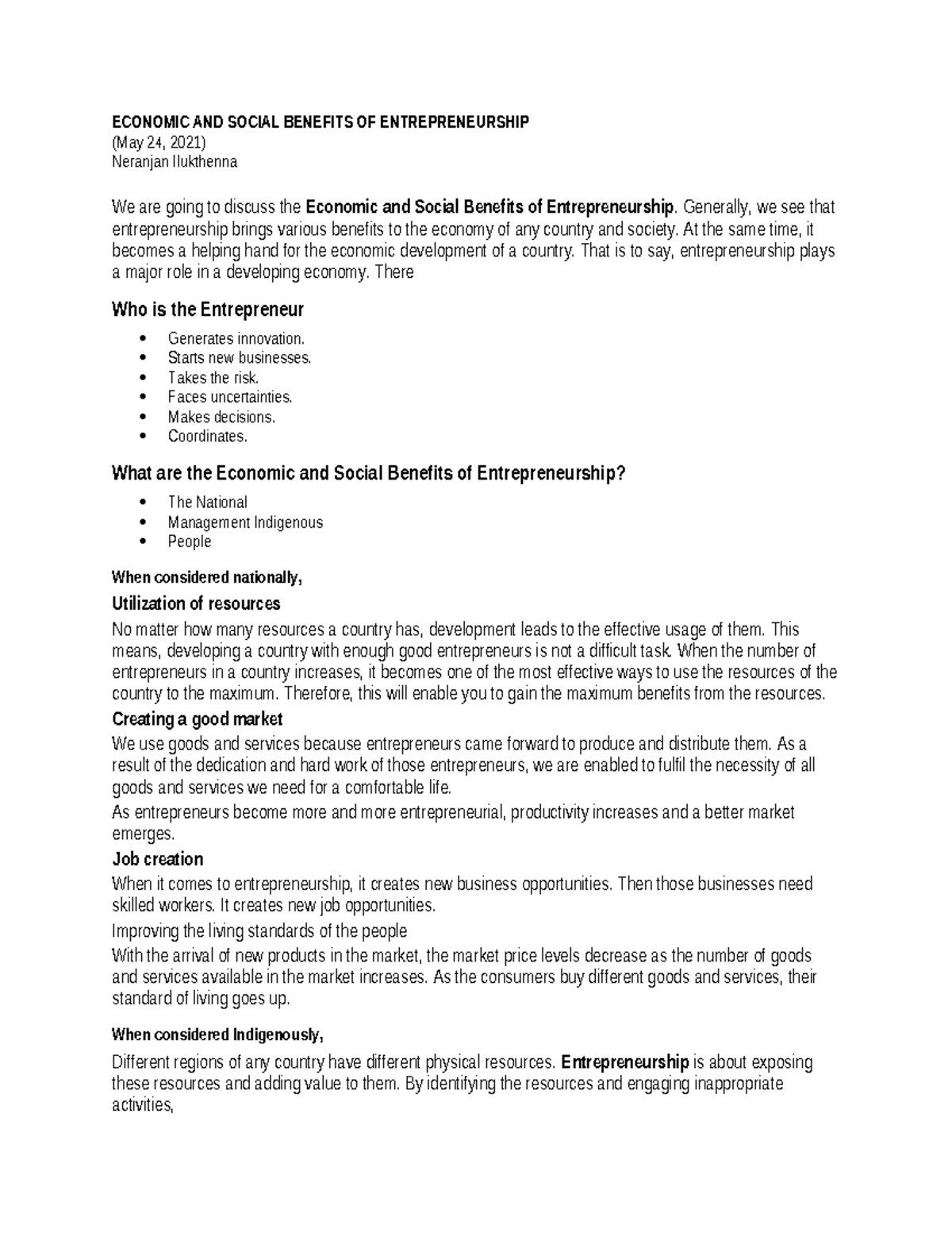 ECON 101: Economic & Social Benefits of Entrepreneurship - Studocu