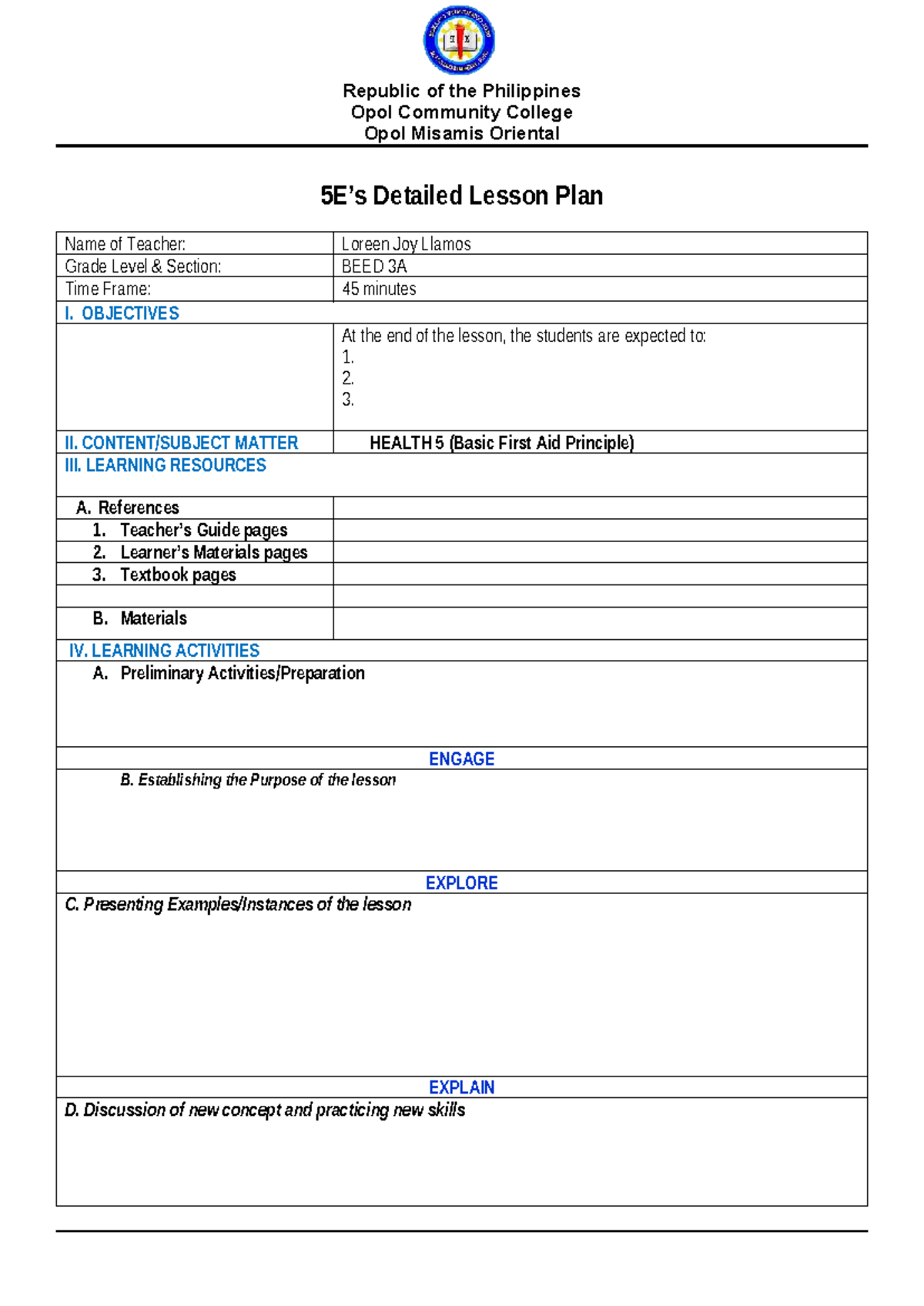 5E's Detailed Lesson Plan for Health 5 (BEED 3A) Teaching Demo - Studocu