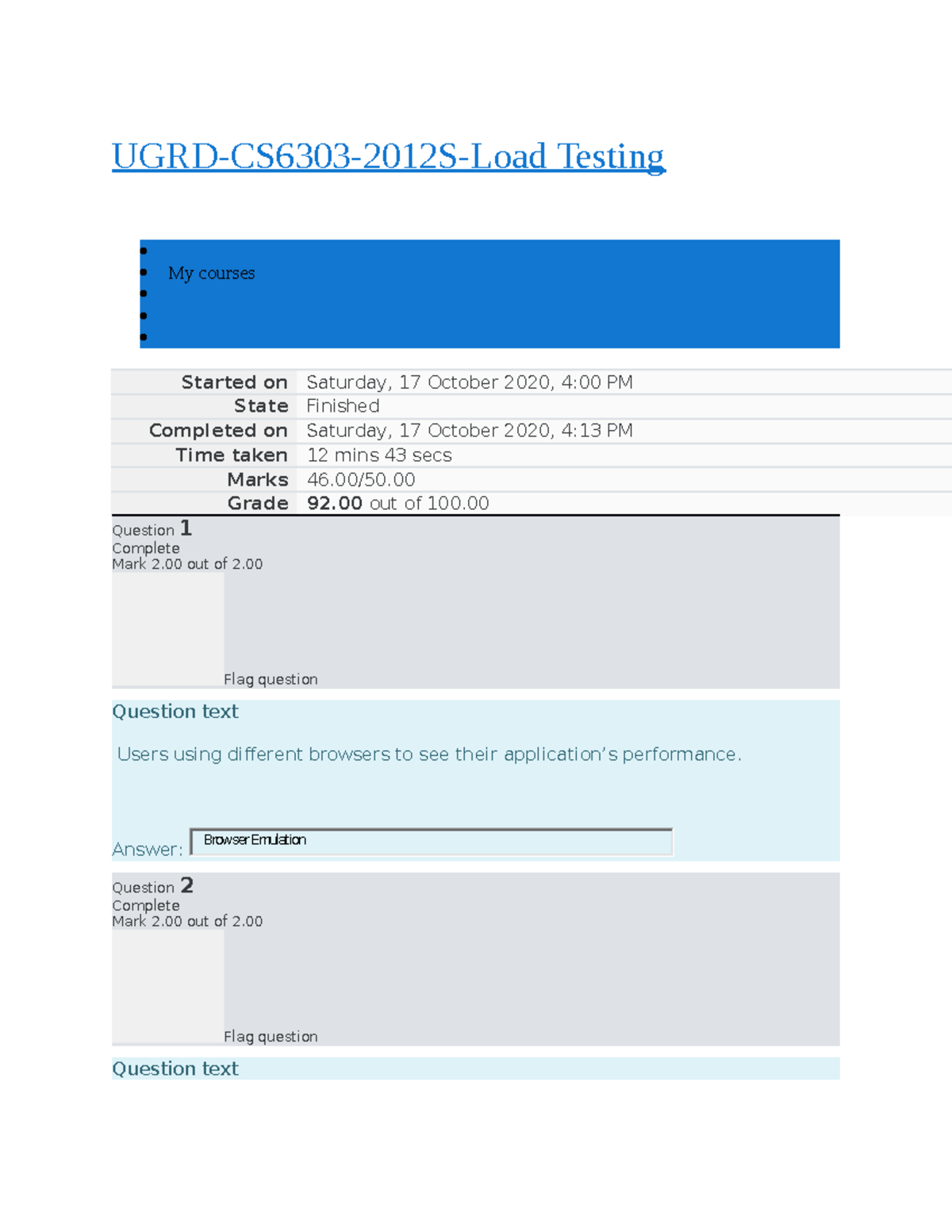 UGRD-CS6303-Pre-Final Load Testing Exam Review and Analysis - Studocu