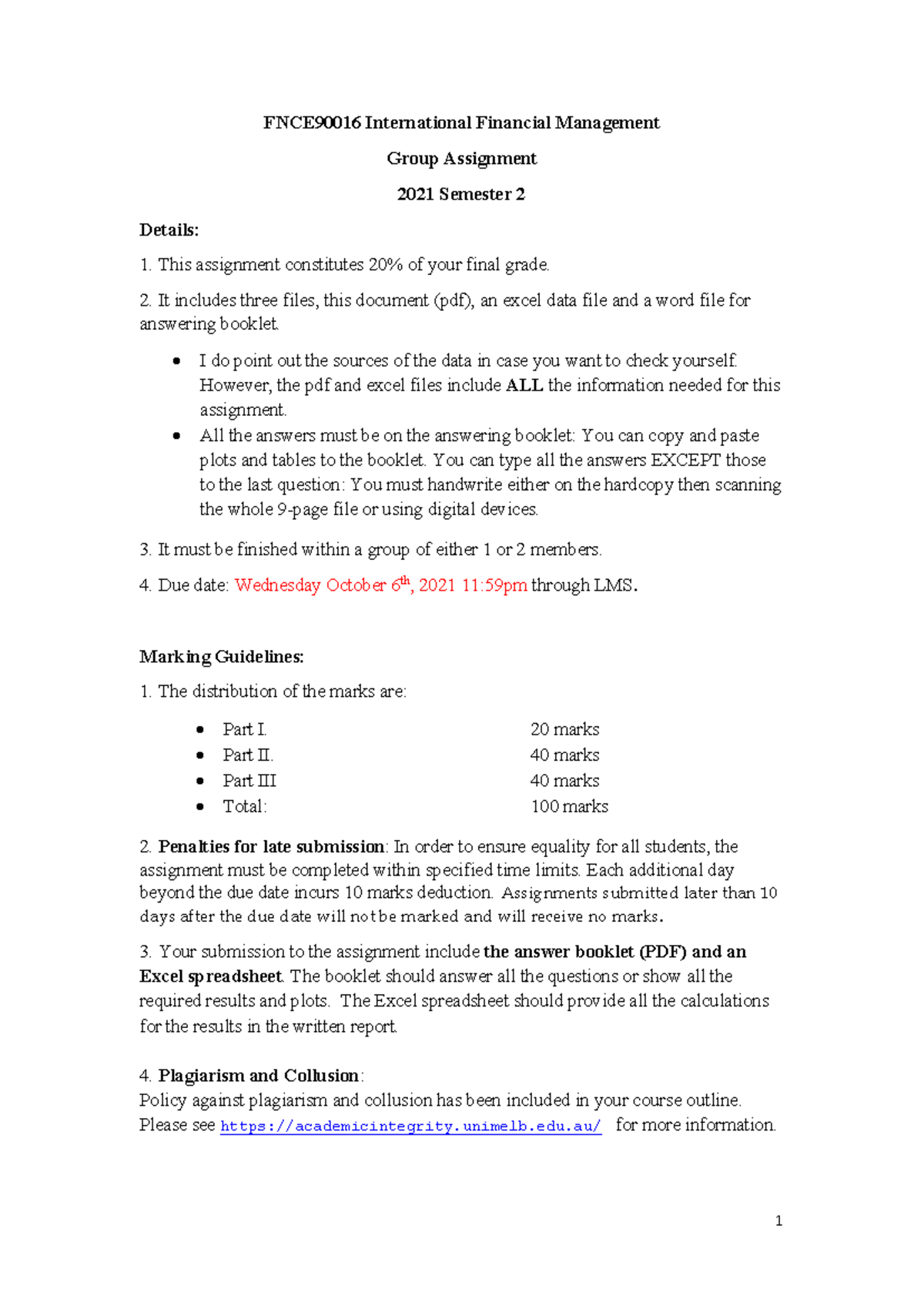 FNCE90016 2021S2 Group Assignment questions - FNCE90016 - Melbourne - Studocu