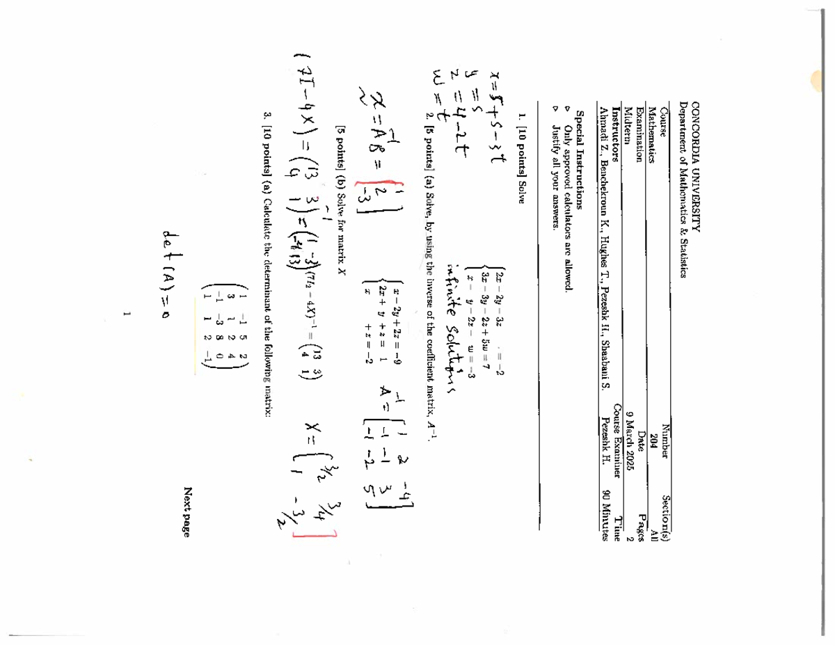 MATH204 Midterm Exam Solutions - Winter 2025 - Studocu