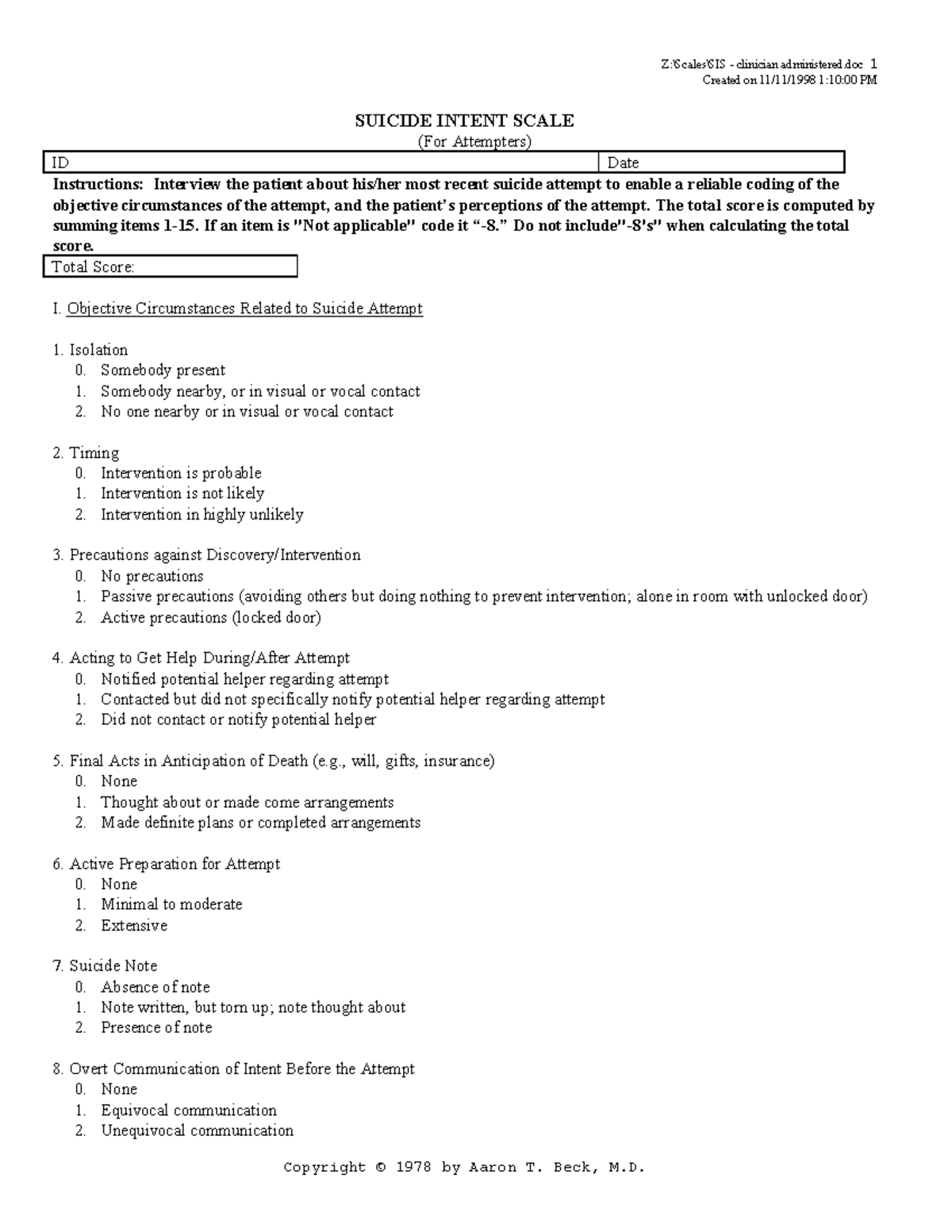 Revised Suicide Intent Scale (SIS): Risk Assessment & Intervention ...