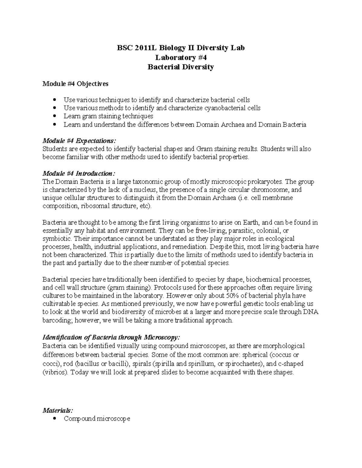 Biology II Lab (BSC 2011L) - Techniques for Bacterial Diversity ...
