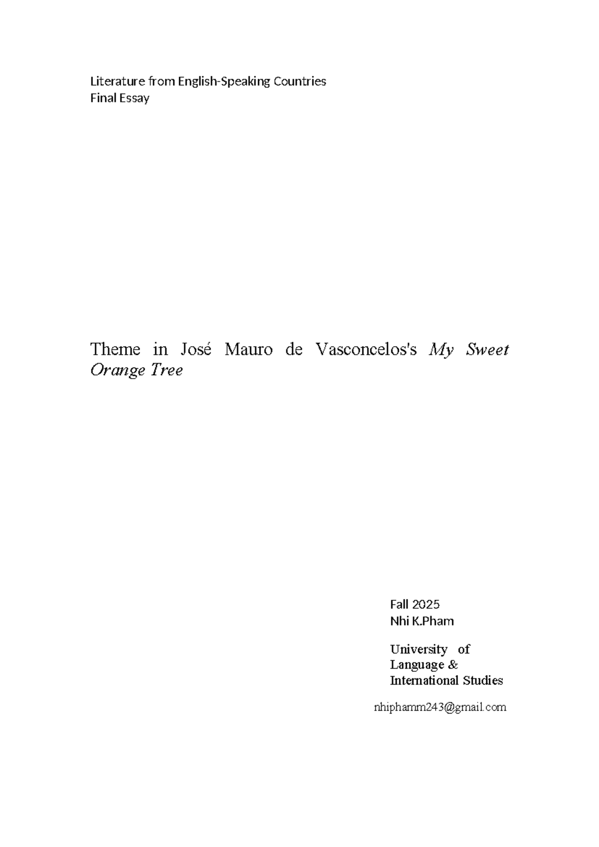 Literature from Countries: Final Essay on My Sweet Orange Tree (Fall ...