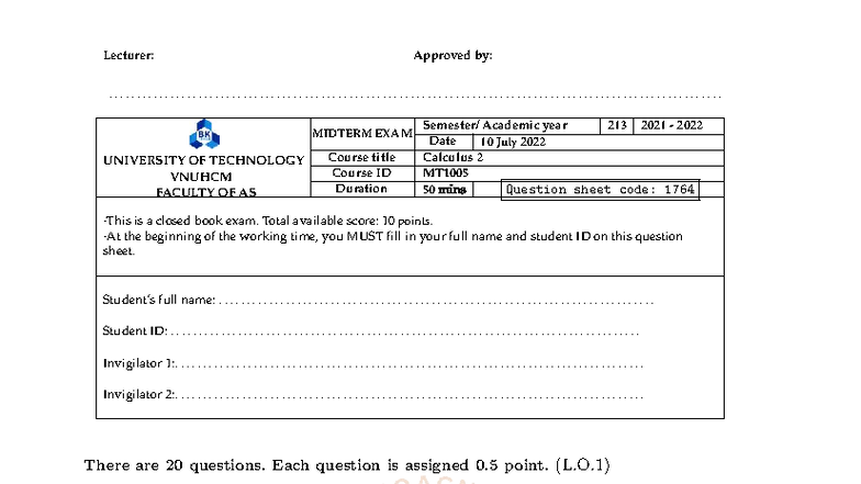 HK213 - Calculus 2 Midterm Exam Question Sheet CODE: 1764 - Studocu
