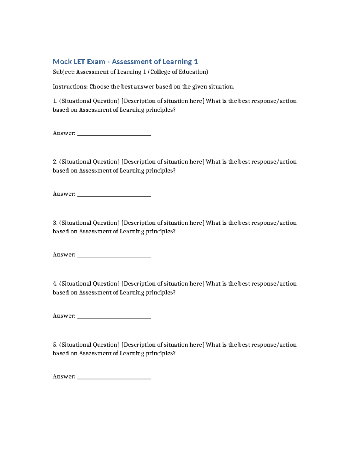 Mock LET Exam - Assessment of Learning 1 (AOL 1AL) - Studocu