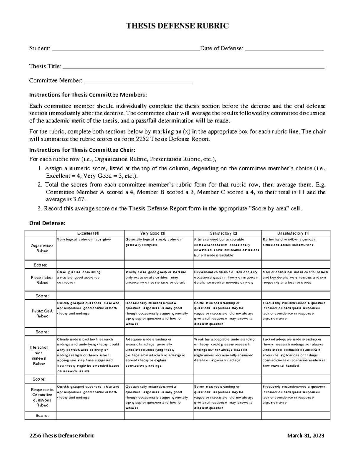 Thesis defense rubric for course 2256: Evaluation instructions and ...