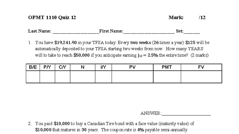 OPMT Quiz 12 - TFSA and Bond Calculations - Studocu