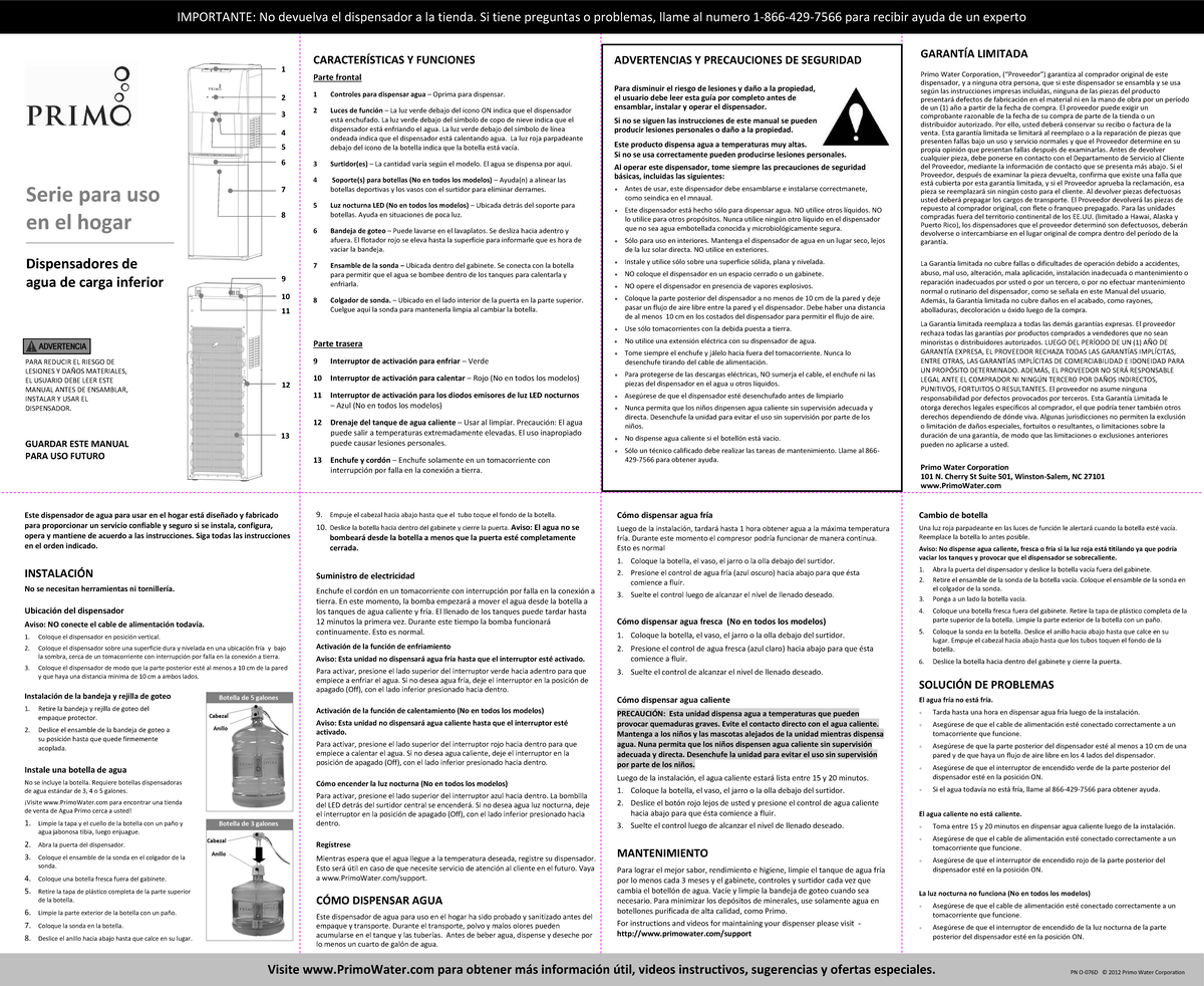 Guía de Uso y Seguridad del Dispensador de Agua Primo - Español - Studocu