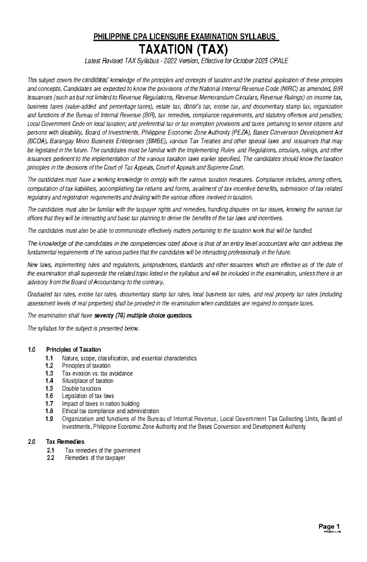 TAX Syllabus for Philippine CPA Licensure Exam (CPALE) - October 2025 - Studocu