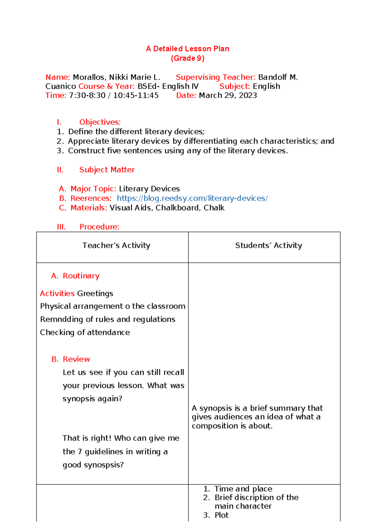English IV Lesson Plan: Exploring Literary Devices (Grade 9) - Studocu