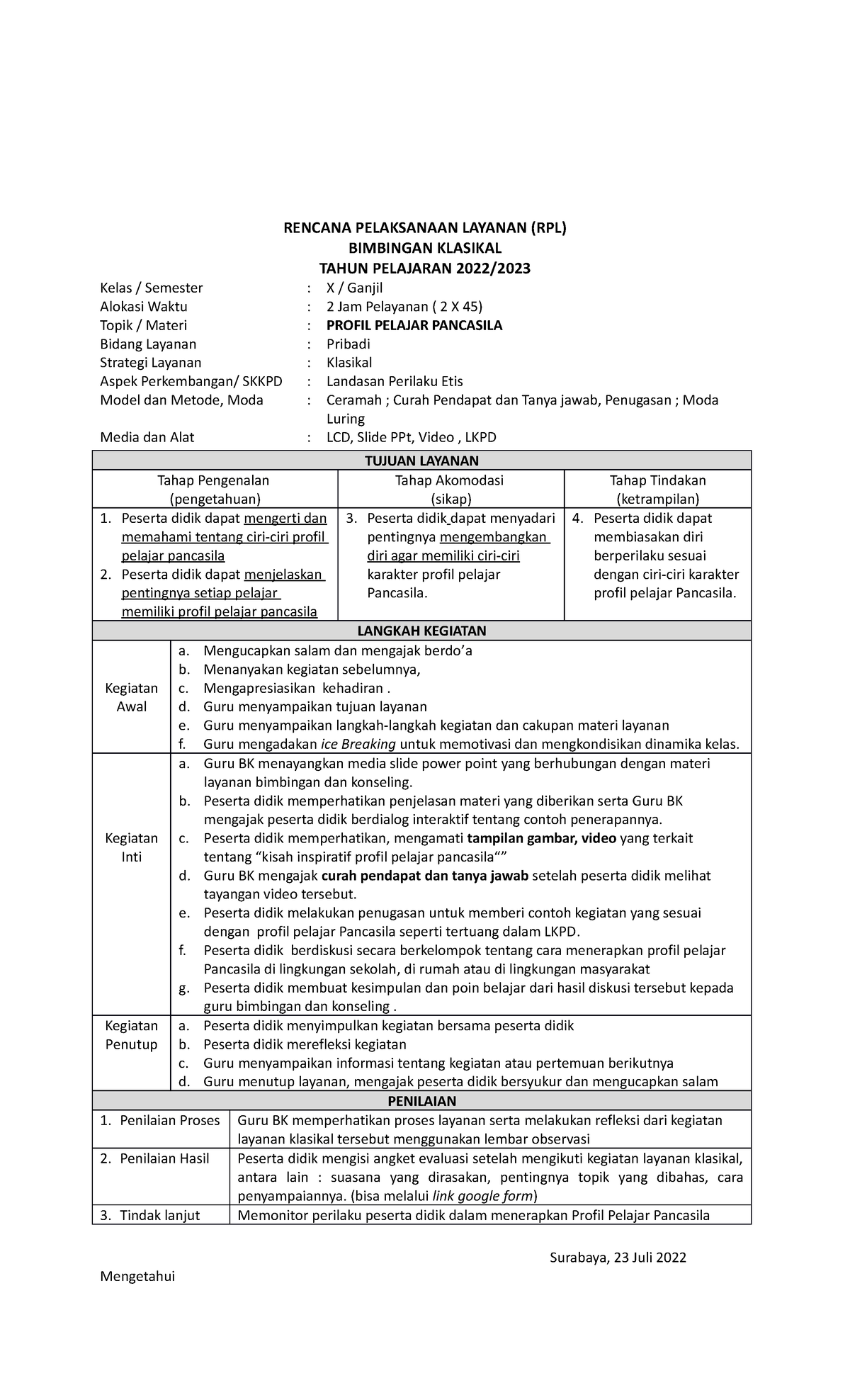 RPL BK Kelas X: Rencana Pelayanan Bimbingan Klasikal 2022-2023 - Studocu