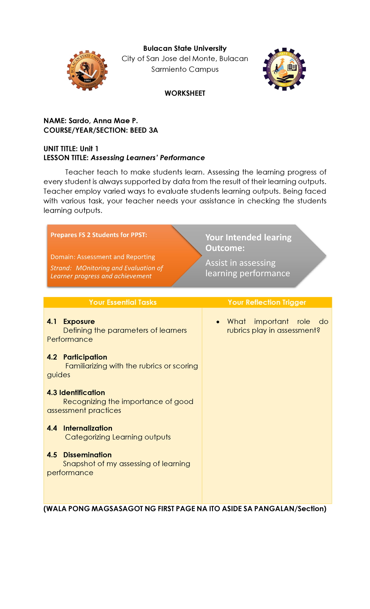 LE 4 Worksheet: Assessing Learners' Performance in BEED 3A - Studocu
