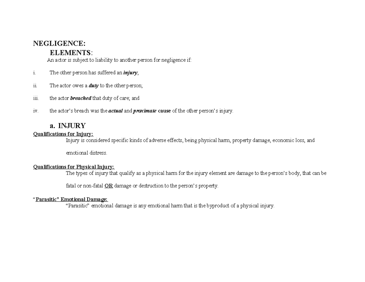Negligence & Intentional Torts Outline for Law Course (Law 101) - Studocu