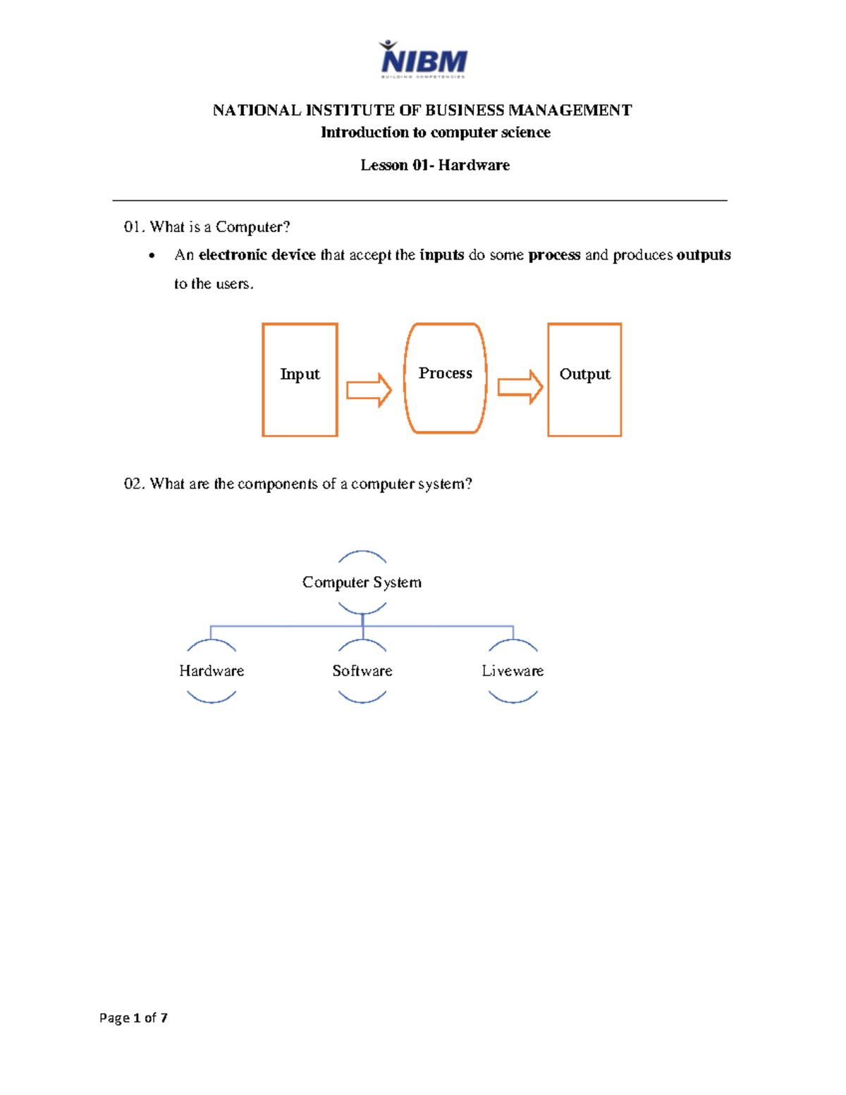 NIBM: Introduction to Computer Science - Hardware Lesson 01 - Studocu