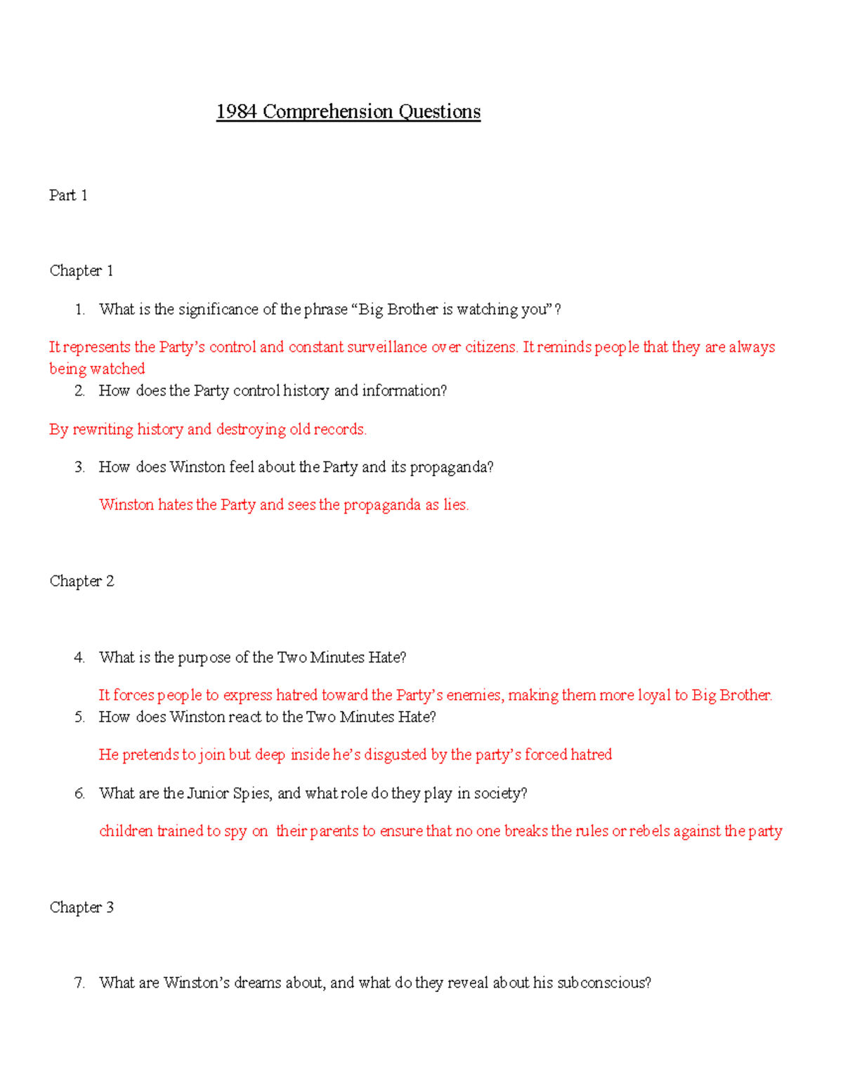 1984 Comprehension Questions: Insights on Control and Rebellion - Studocu