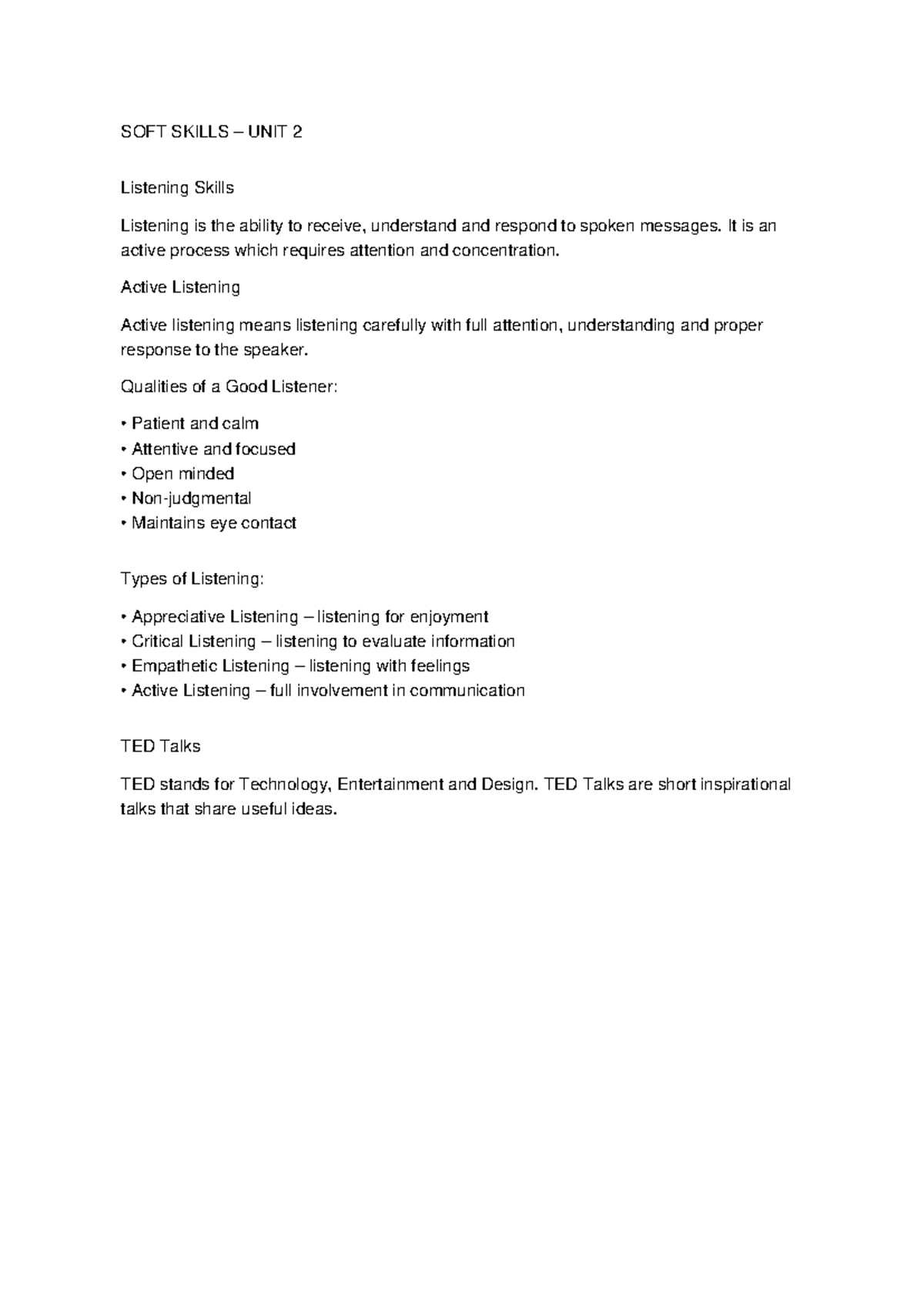 SOFT SKILLS UNIT 2: Active Listening Techniques and Qualities - Studocu