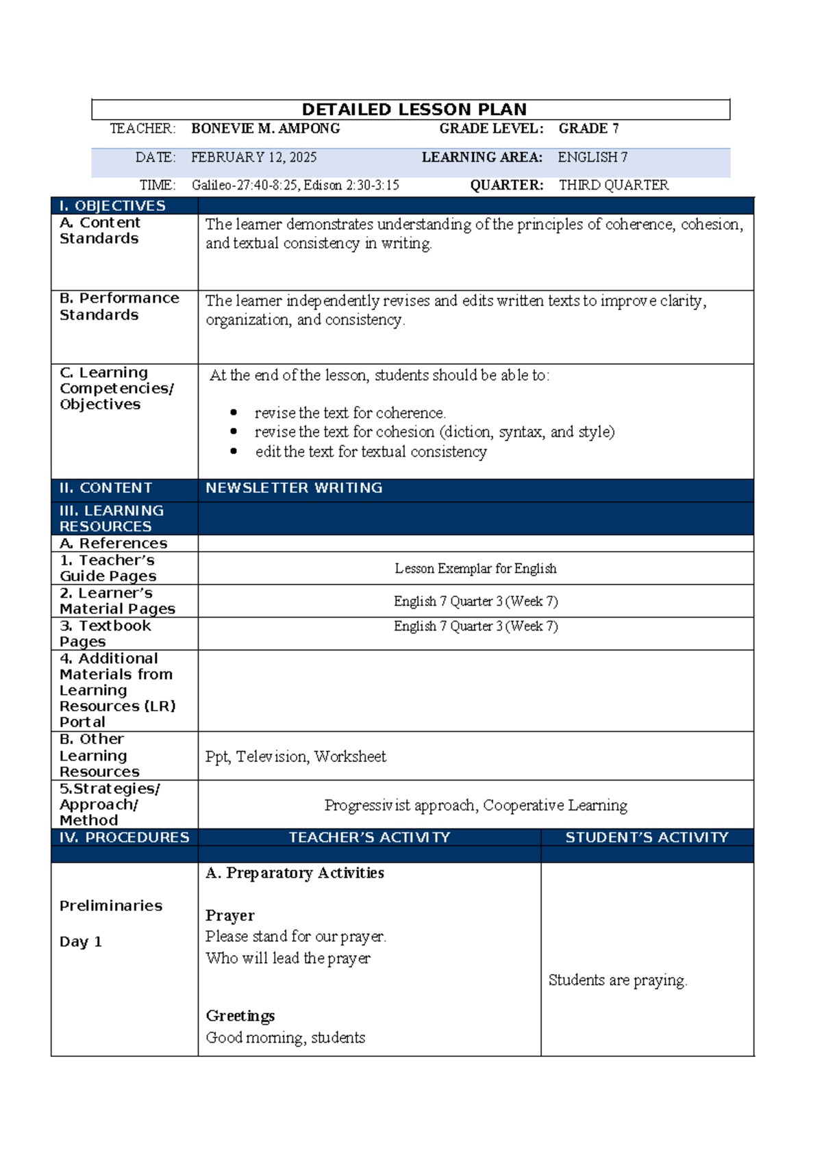 ENG 7 Detailed Lesson Plan for Revising and Editing (Q3) - Studocu