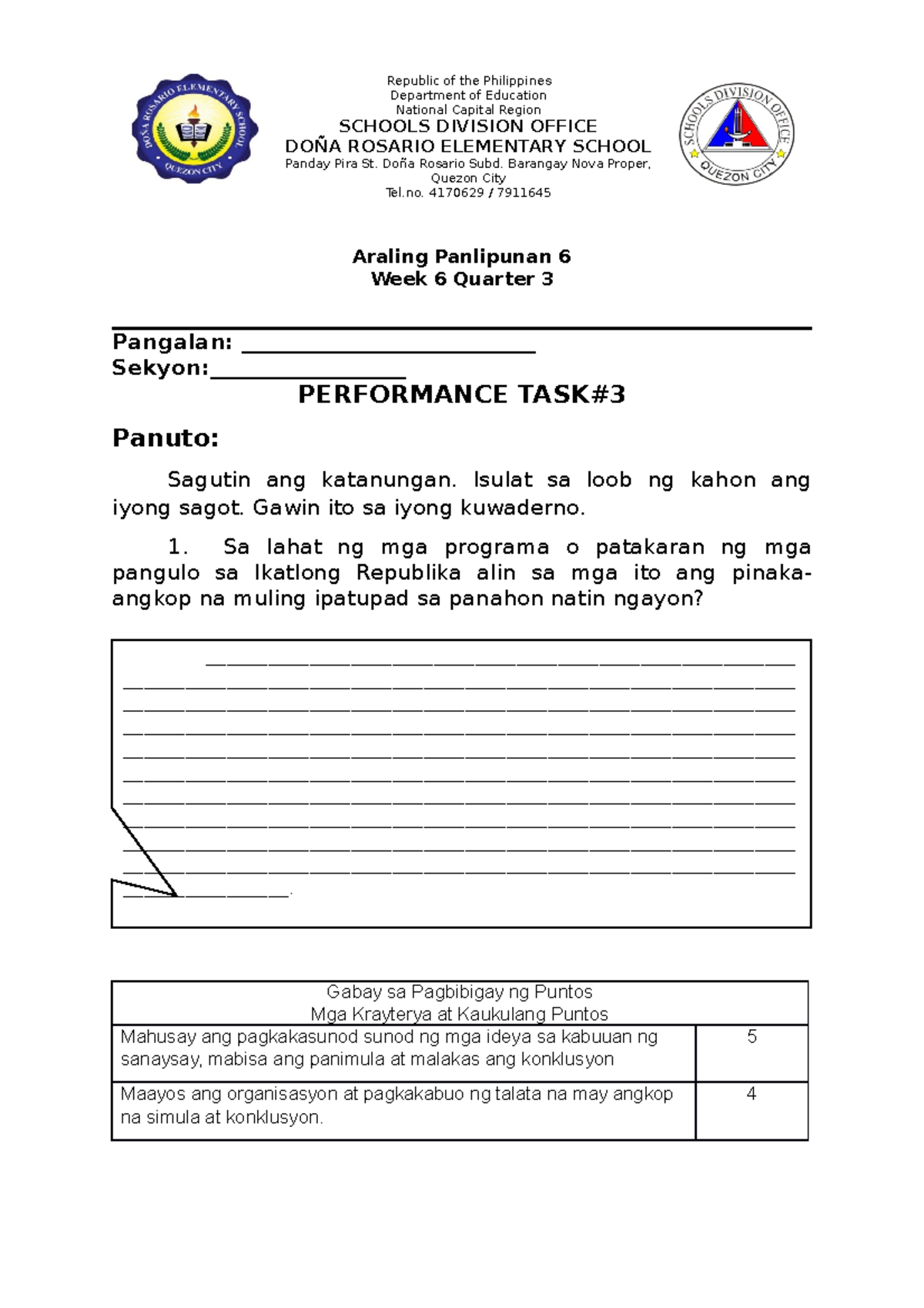 AP QTR 3 WEEK 6 Performance task - Araling Panlipunan 6 Week 6 Quarter ...