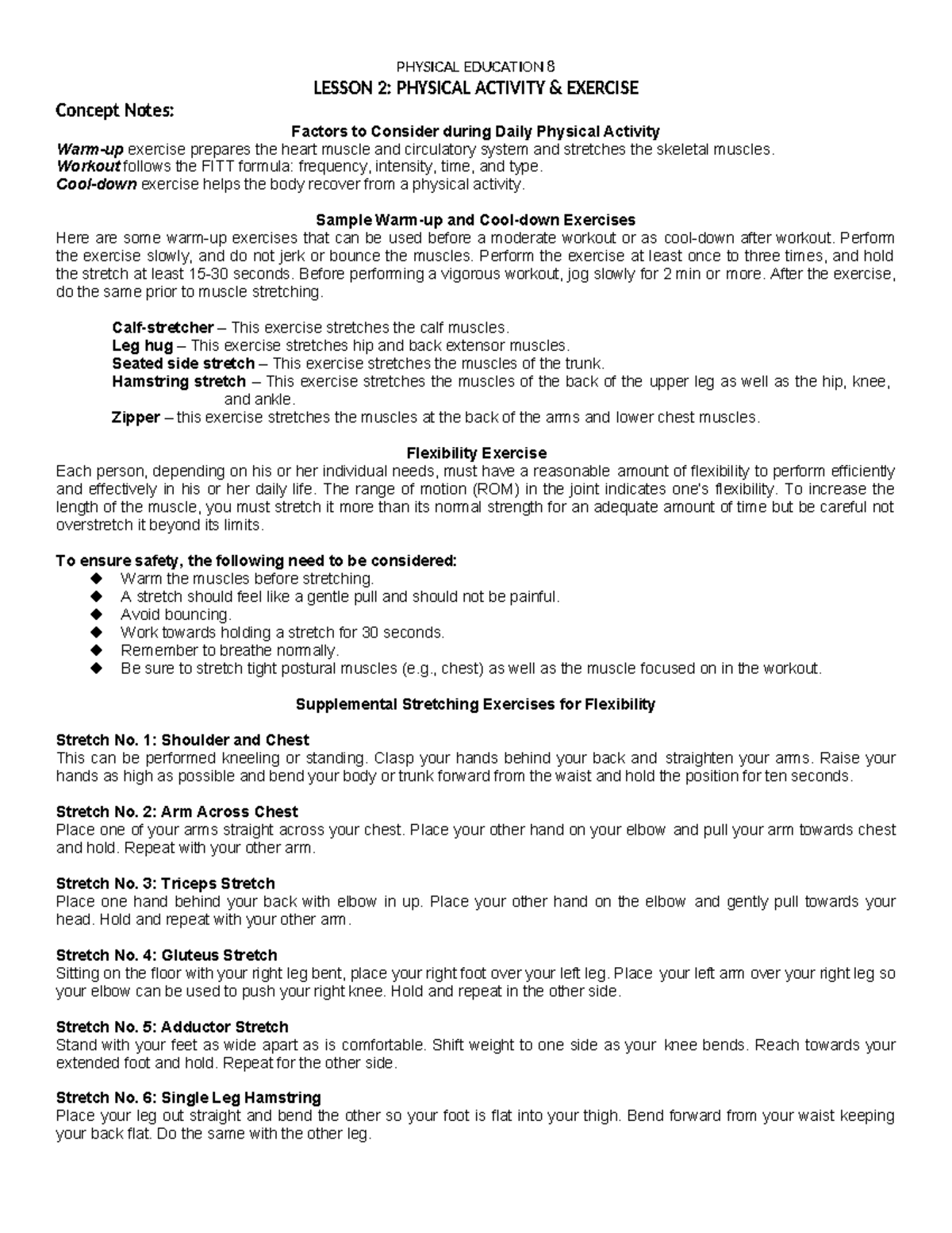 Physical Education 8: Lesson 2 - Exercise & Flexibility Techniques ...