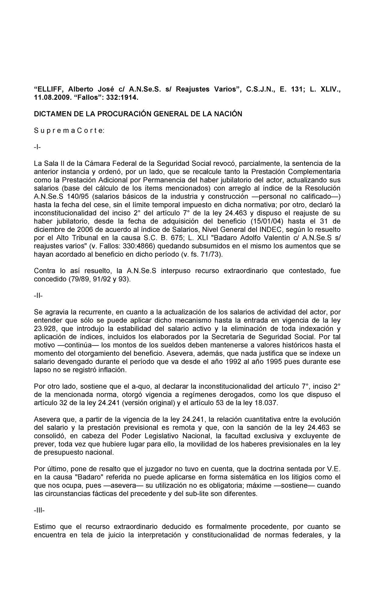 Elif clase - “ELLIFF, Alberto José c/ A.N.Se. s/ Reajustes Varios”, C.S ...
