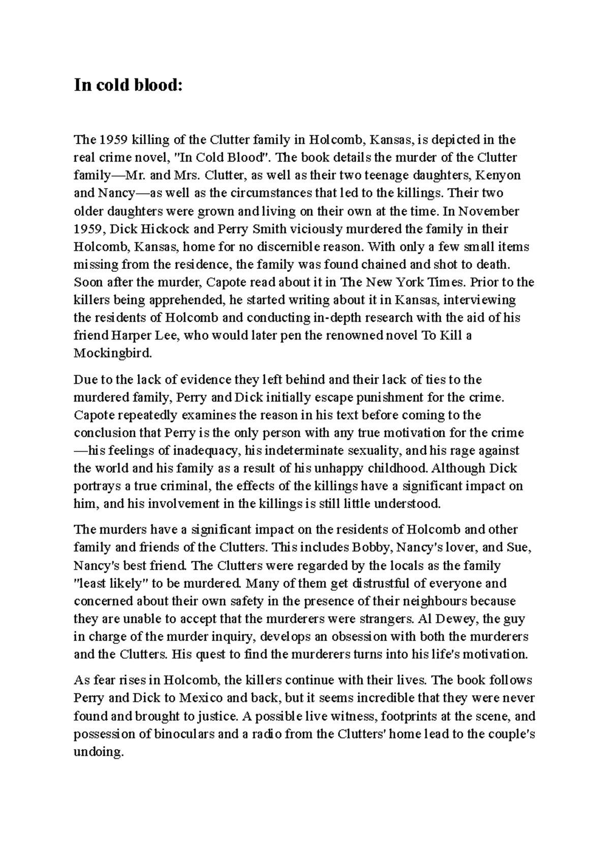 BOOK Summary 20LLB051 - Analysis of "In Cold Blood" by Truman Capote ...