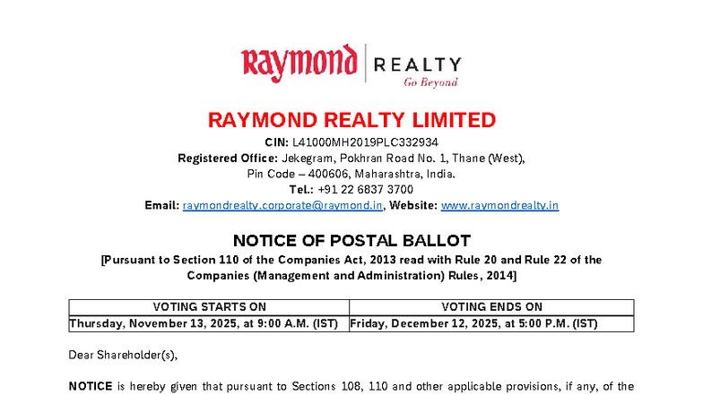 NOTICE OF POSTAL BALLOT FOR RAYMOND REALTY LIMITED (CIN: 137597) - Studocu