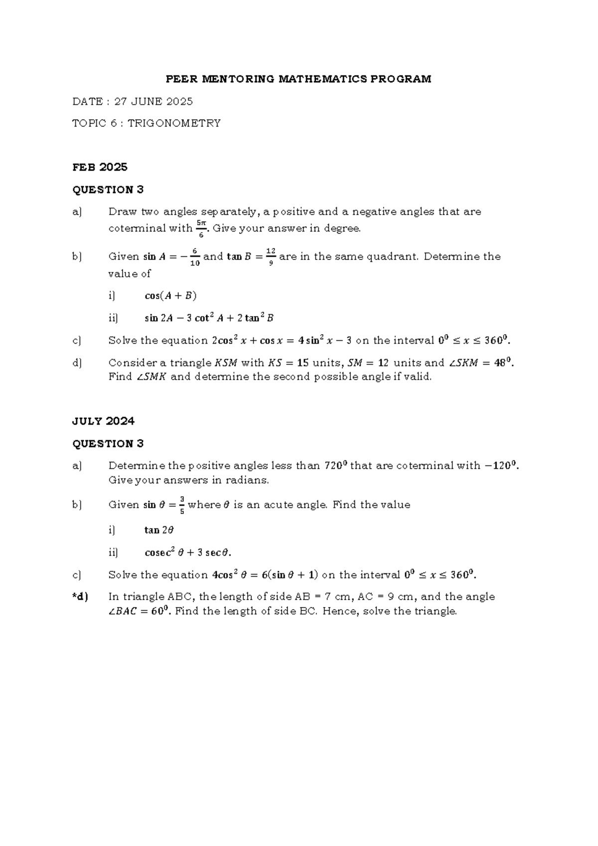 MAT406 Final Exam Questions: Trigonometry (Topic 6) - Studocu