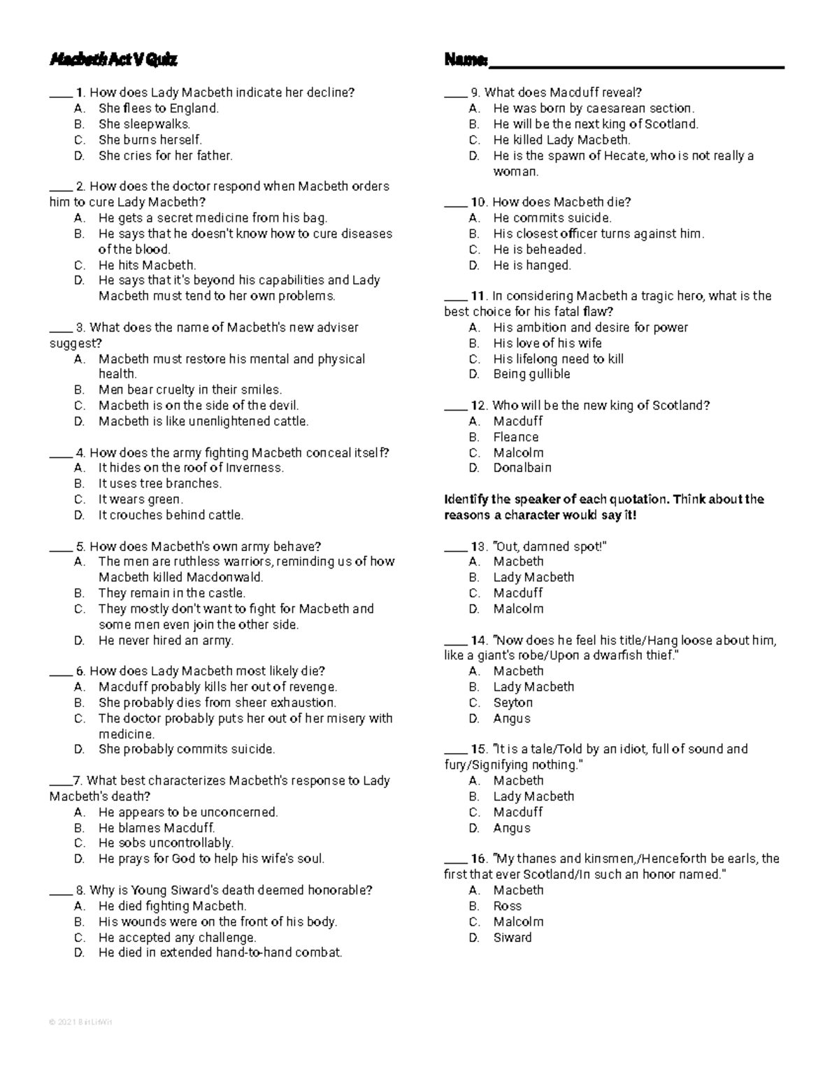 Macbeth Act V Quiz-1: Key Questions & Answers for Review - Studocu