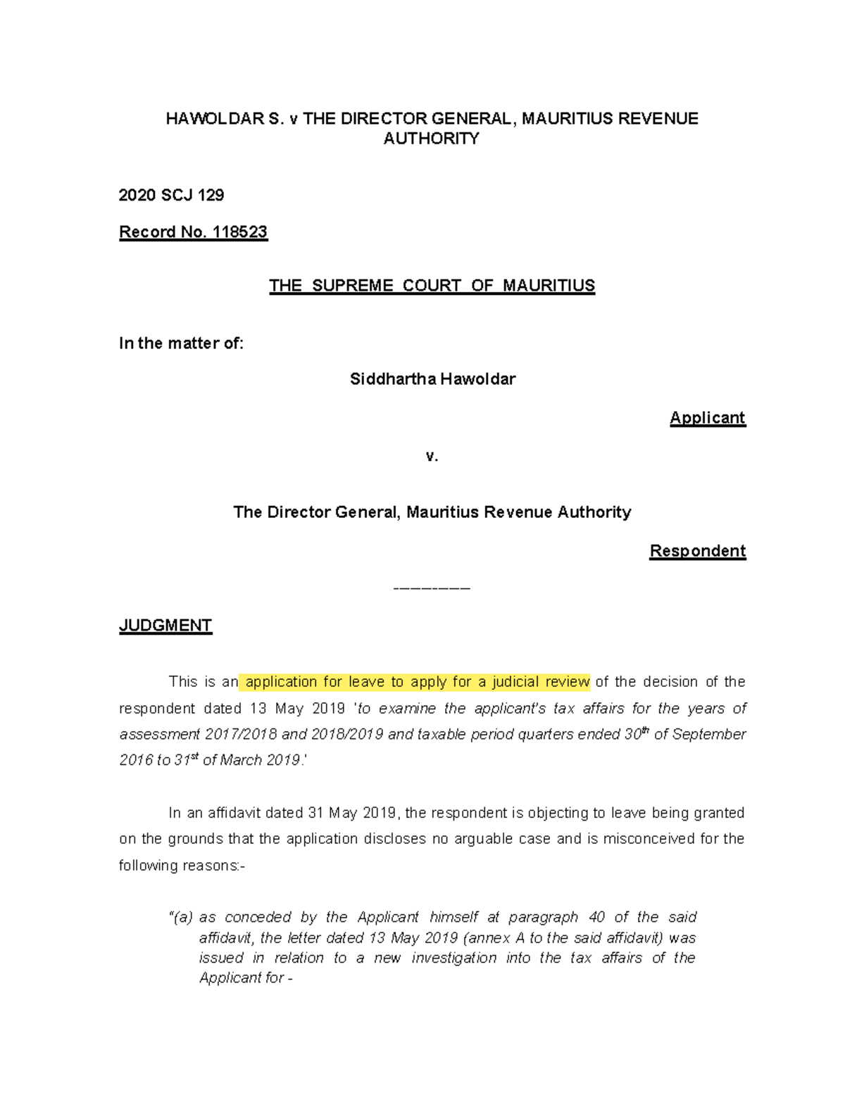 HAWOLDAR S. v DIRECTOR GENERAL, MAURITIUS REVENUE AUTHORITY 2020 SCJ ...