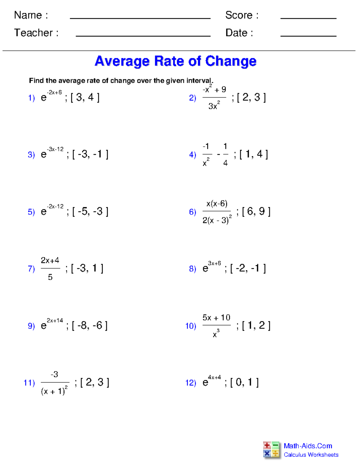 Calc diff Rule avg Rate 7 - Find the average rate of change over the ...