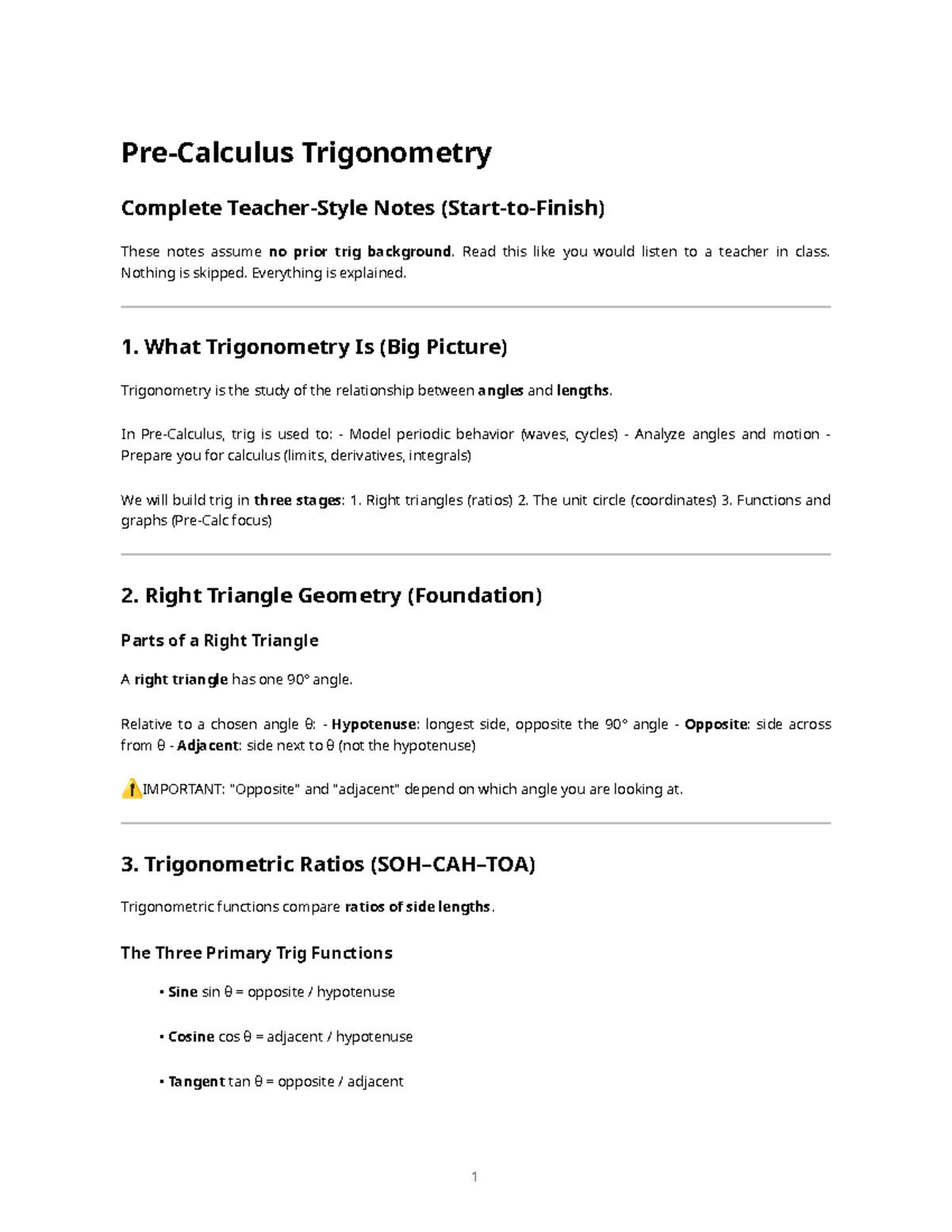 Pre-calc Trig 101: Comprehensive Teacher-Style Notes - Studocu