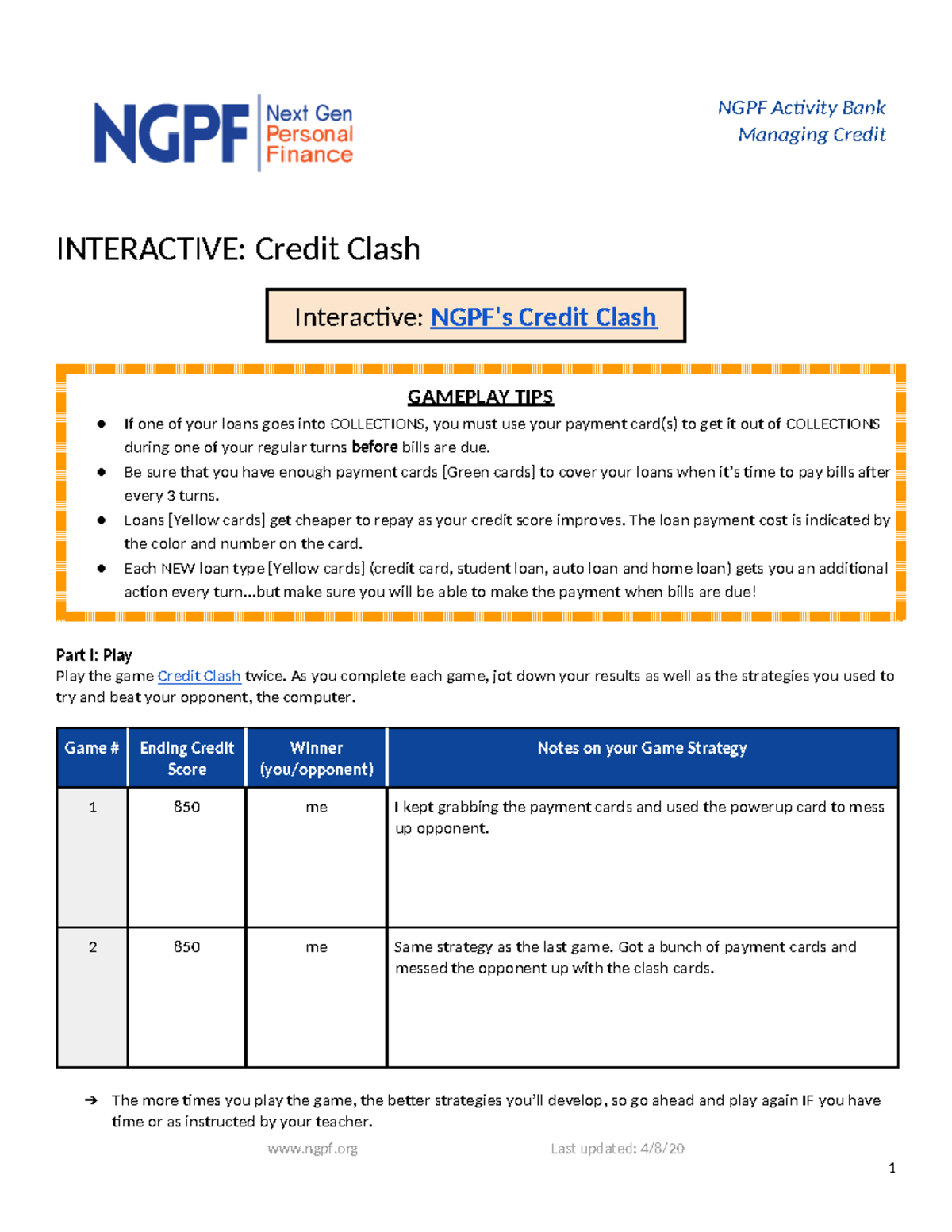 NGPF Activity Bank: Credit Clash Gameplay Tips & Strategies - Studocu