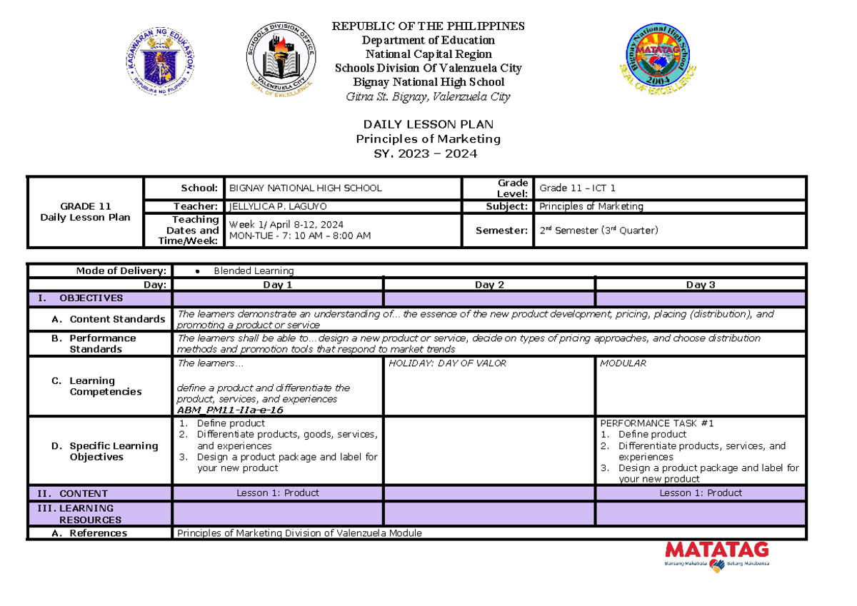 DLP Q4 W1 PM - Grade 11 Daily Lesson Plan for Principles of Marketing - Studocu