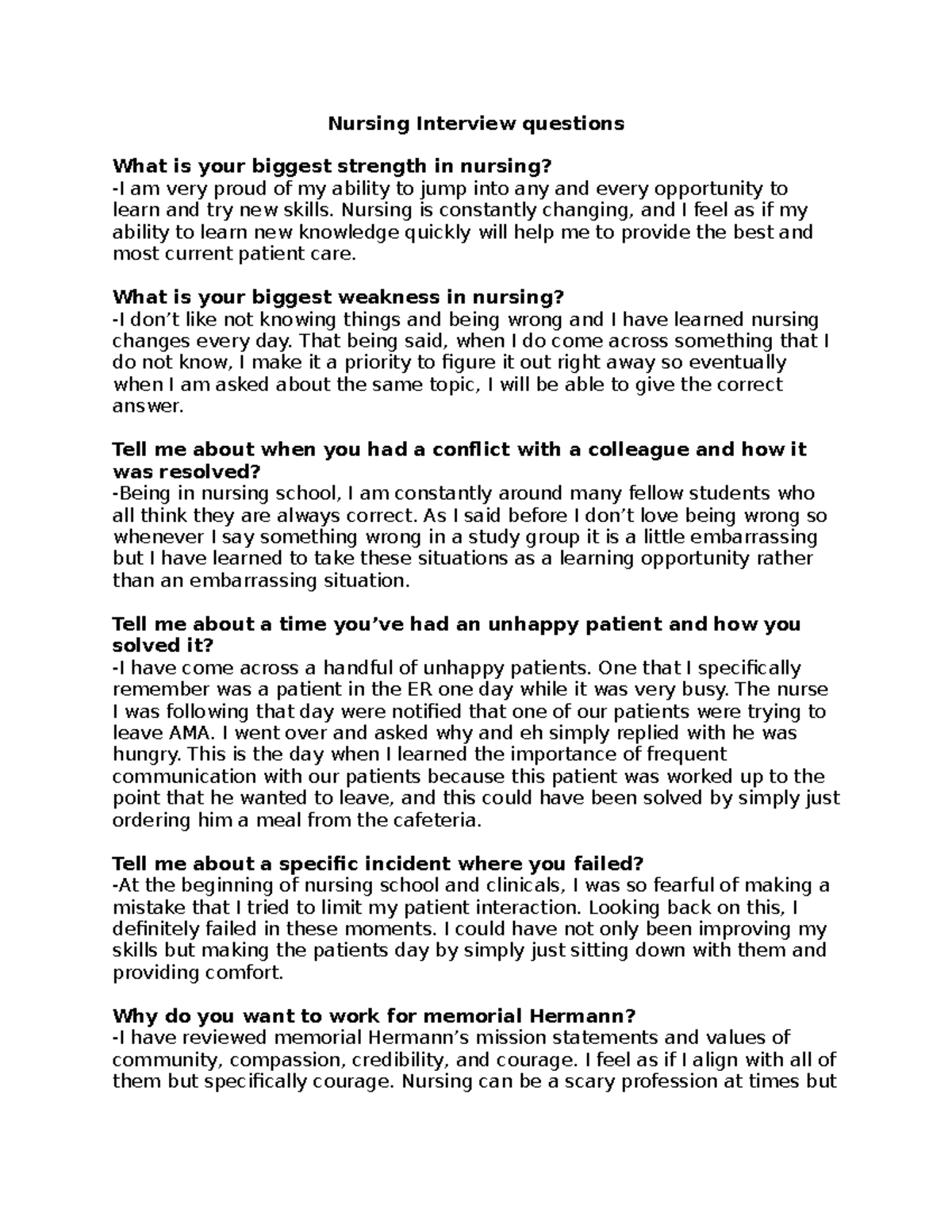 Nursing Interview Questions: Strengths, Weaknesses & Scenarios - Studocu